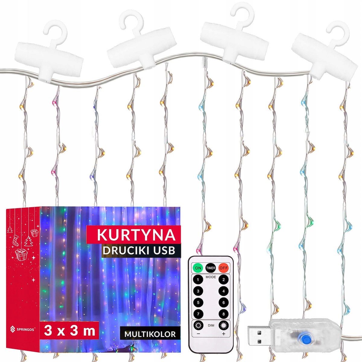 LAMPKI KURTYNA ŚWIETLNA MULTIKOLOR SOPLE ŚWIATŁO GIRLANDA USB 300LED ...