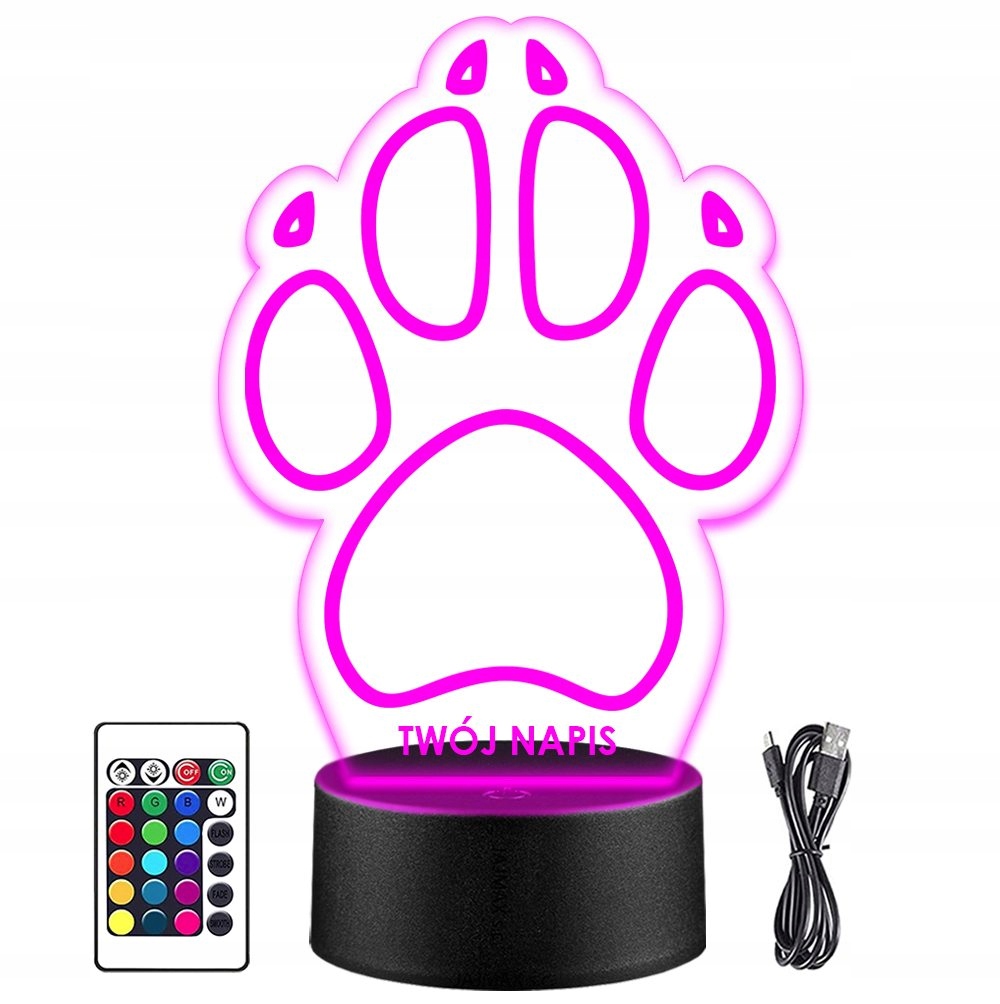 LAMPKA NOCNA LED ŁAPA ŁAPKA PSA 3D + PILOT prezent URODZINY statuetka ...