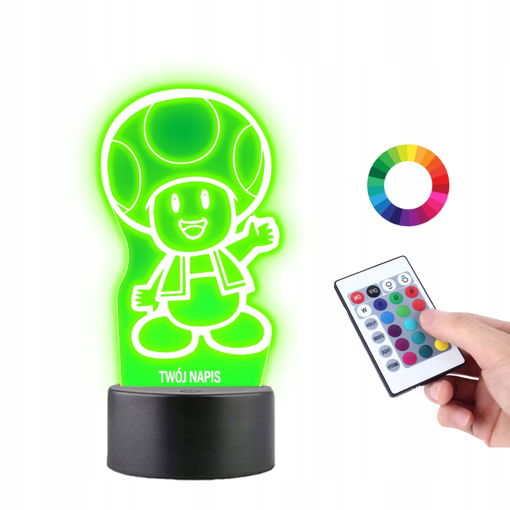 LÁMPA ÜVEGEN Super Mario Toad 3D LED RGB Szobrocska + TÁVIRÁNYÍTÓ 16 ...