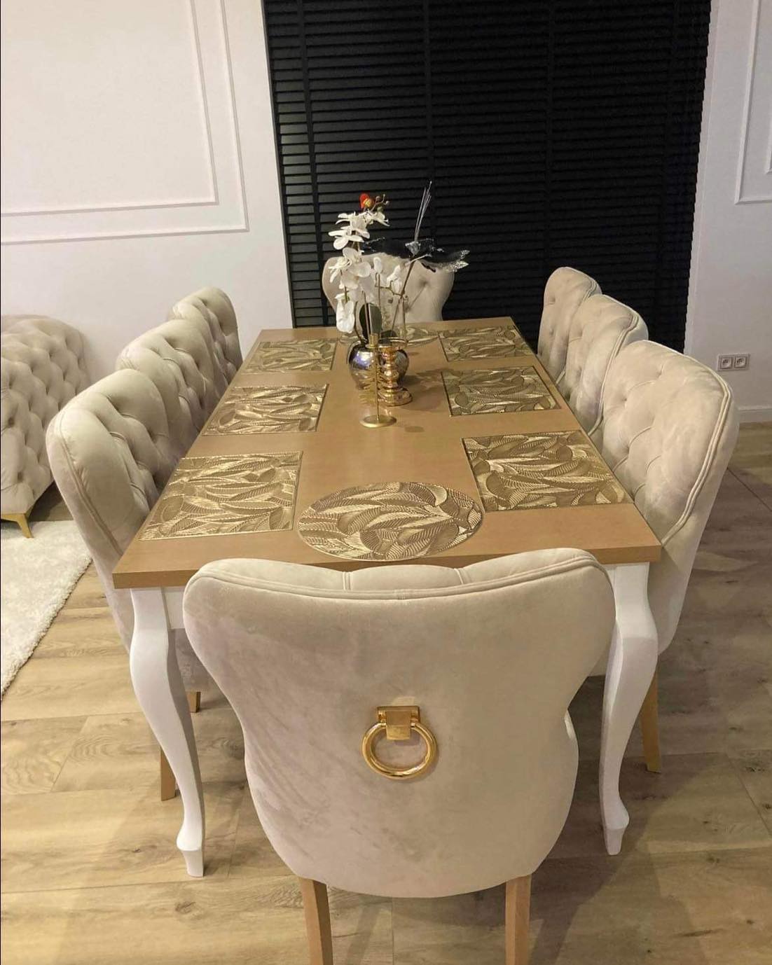 STYLOWY ZESTAW STÓŁ 100x250/350 + 8 krzeseł pikowanych w stylu GLAMOUR ...