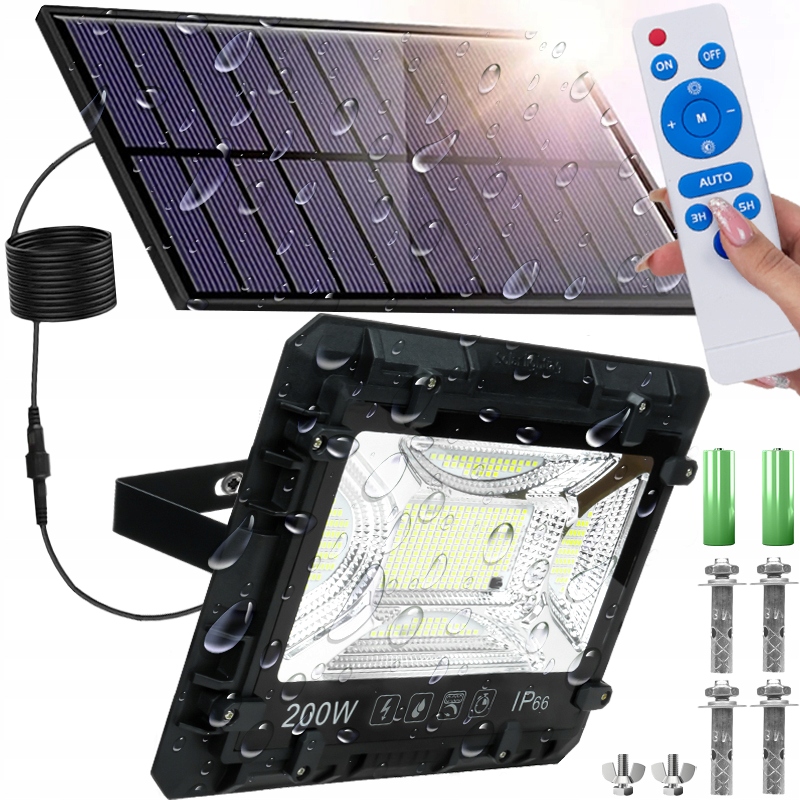LAMPA LED Z OSOBNYM PANELEM SŁONECZNYM SOLARNYM KABEL PRZEWÓD 4m 200W ...