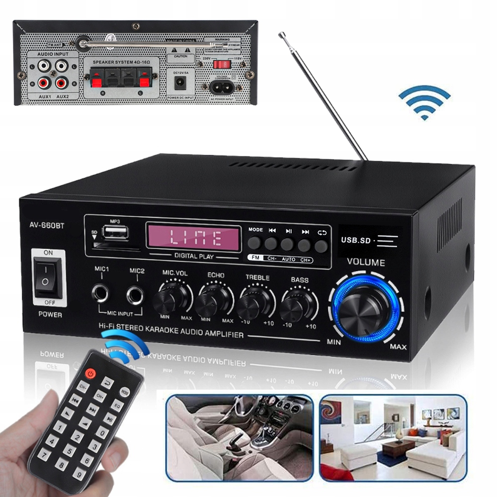 RECEIVER 3000W BLUETOOTH USB STEREO AMPLIFIER FM Radio MP3 230V / 12V ...