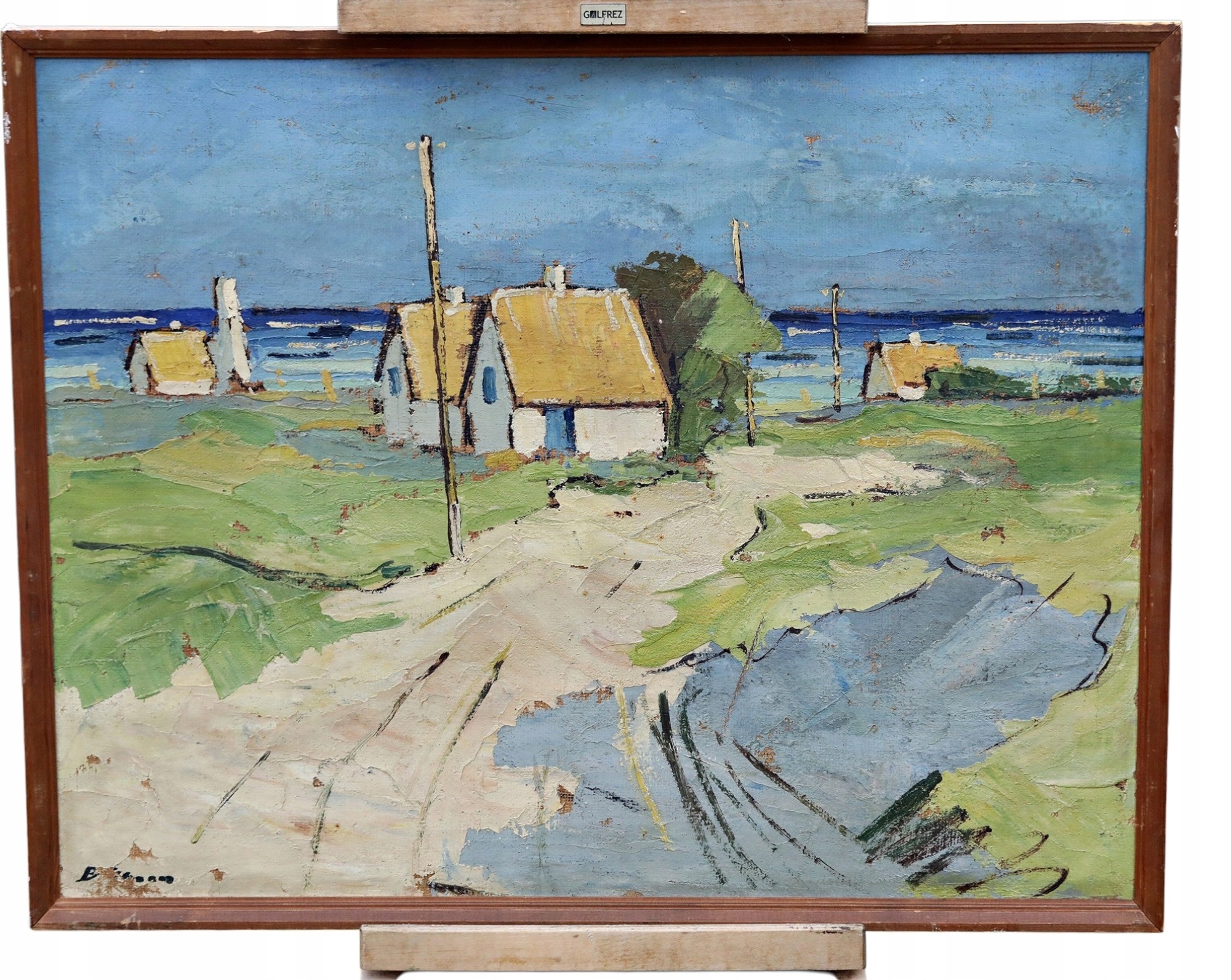 PEJZAŻ WIEJSKI Z DOMAMI CIEKAWY OBRAZ OLEJNY • Cena, Opinie - Allegro