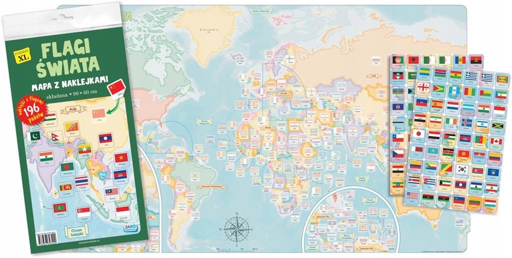 FLAGI ŚWIATA - MAPA Z NAKLEJKAMI - FLAGI 196 PAŃSTW - SKŁADANA 98x60 cm ...