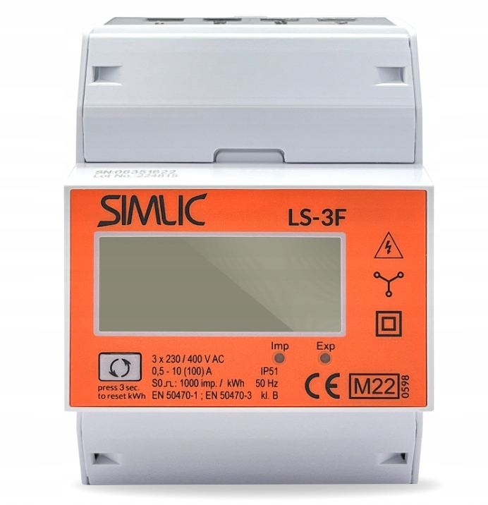 LICZNIK ENERGII CZYNNEJ 3F 3x230-400V 3x5-100A 4MOD MID SIMET LS-3F LCD ...