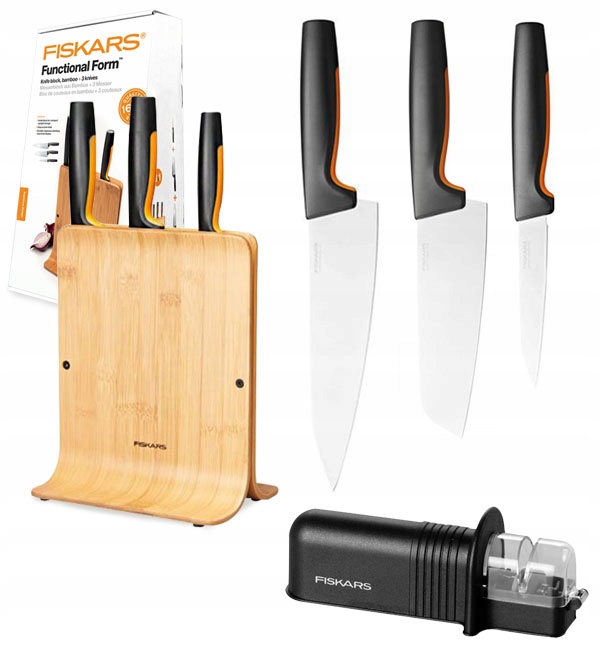 FISKARS FF 1057553 KPL 3 NOŻY W BLOKU BAMBUSOWYM +OSTRZAŁKA ESSENTIAL (5904473601410) • Cena ...