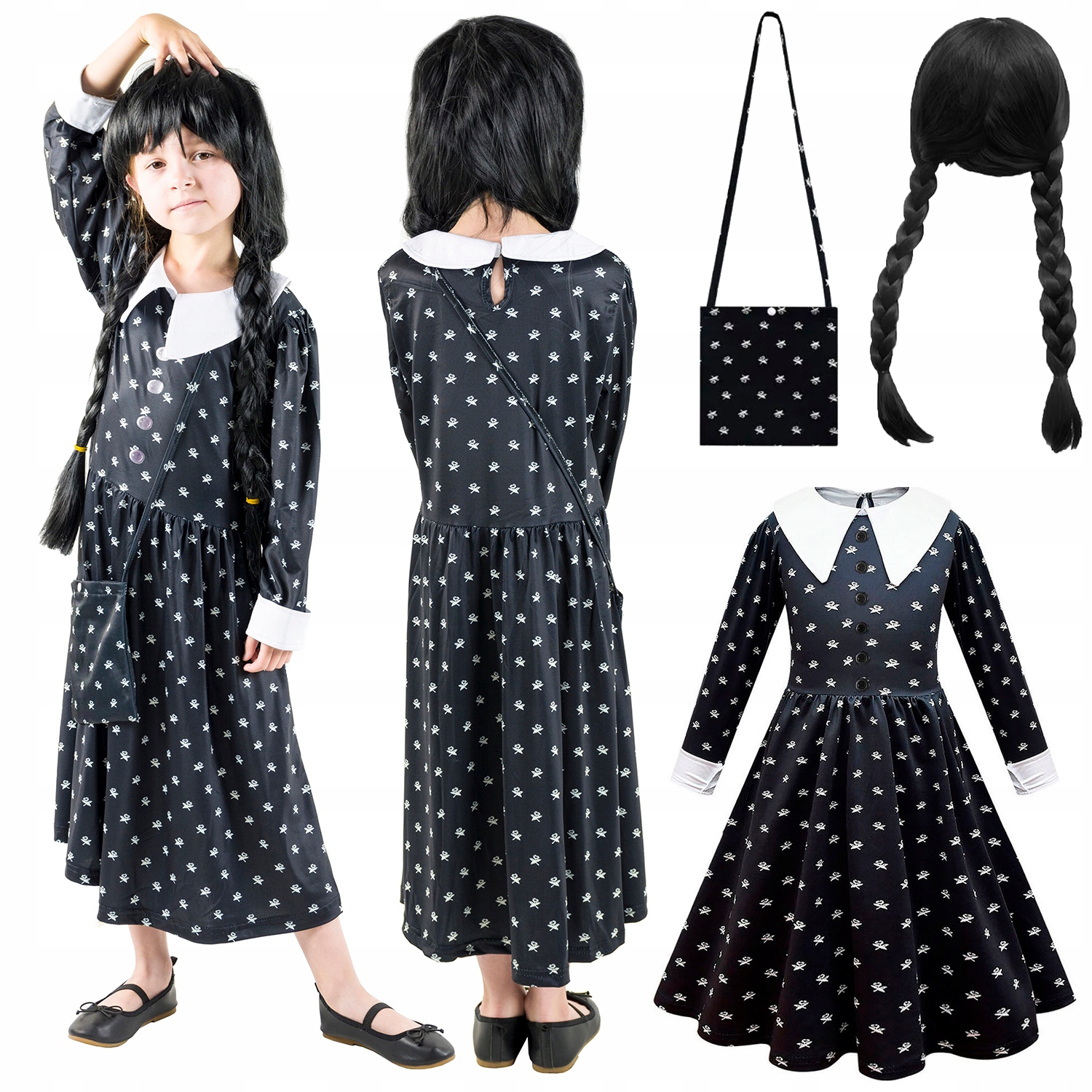 KOSTÝM Wednesday Addamsová BAL ŠATY PARUKA 134 140 za 431.00CZK - Allegro