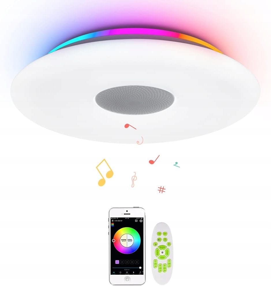 LAMPA SUFITOWA PLAFON RGB LED Z GŁOŚNIKIEM GŁOŚNIK BLUETOOTH 36W 30CM ...