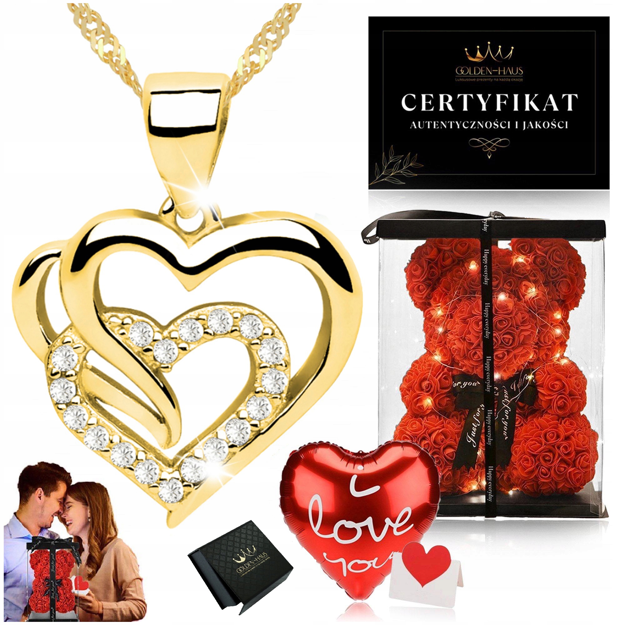 ZŁOTY NASZYJNIK Z SERCEM 925/585 + MIŚ Z RÓŻ PREZENT DLA MAMY CIOCI ...