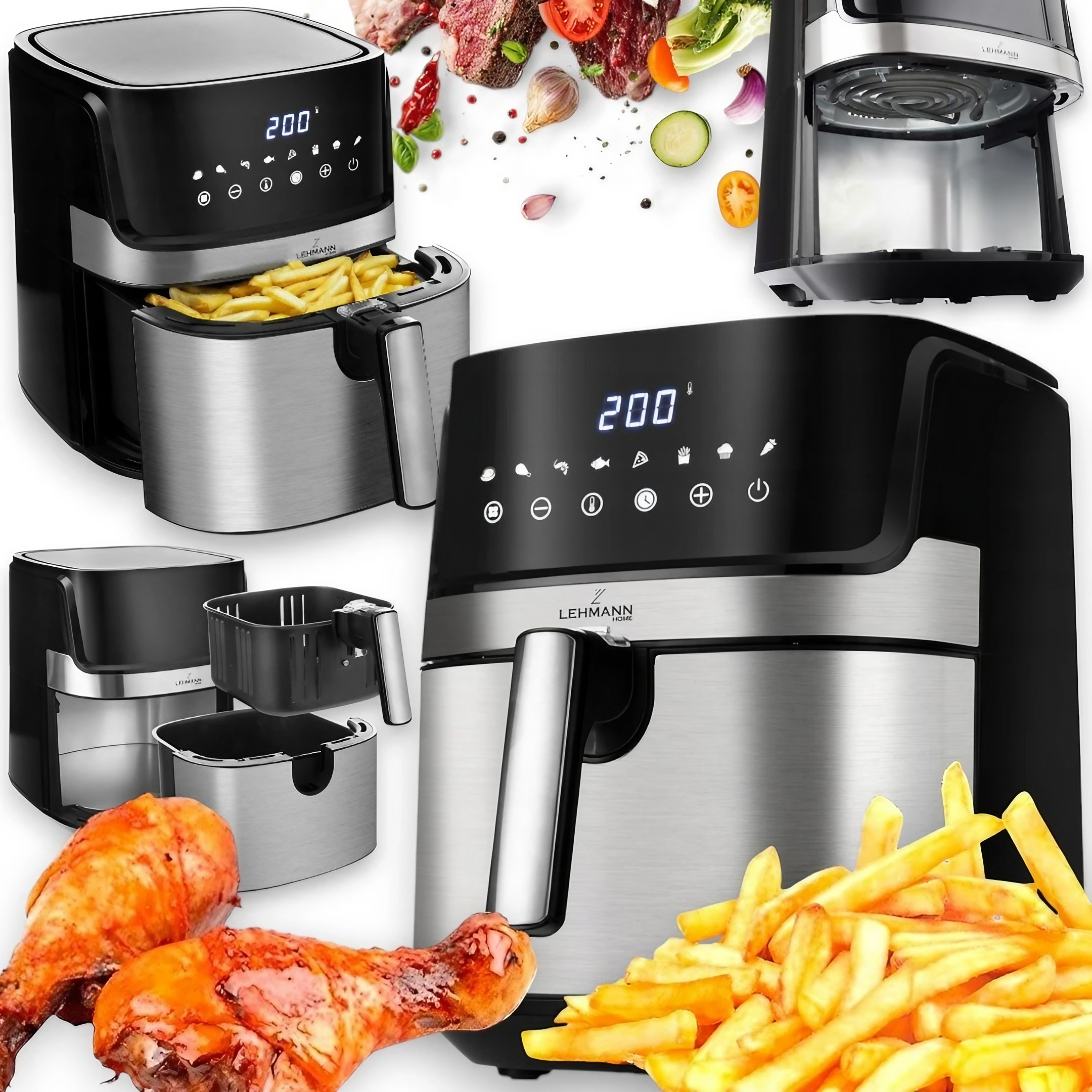 FRYTKOWNICA BEZTŁUSZCZOWA AIRFRYER LEHMANN MOCNA 1700W 8 PROGRAMÓW 6,5L ...