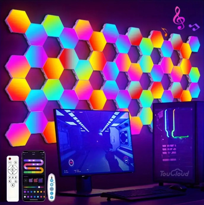 LAMPA LED HEXAGON 20 SZT, PLASTER MIODU RGB PILOT APLIKACJA DEKORACJA ...