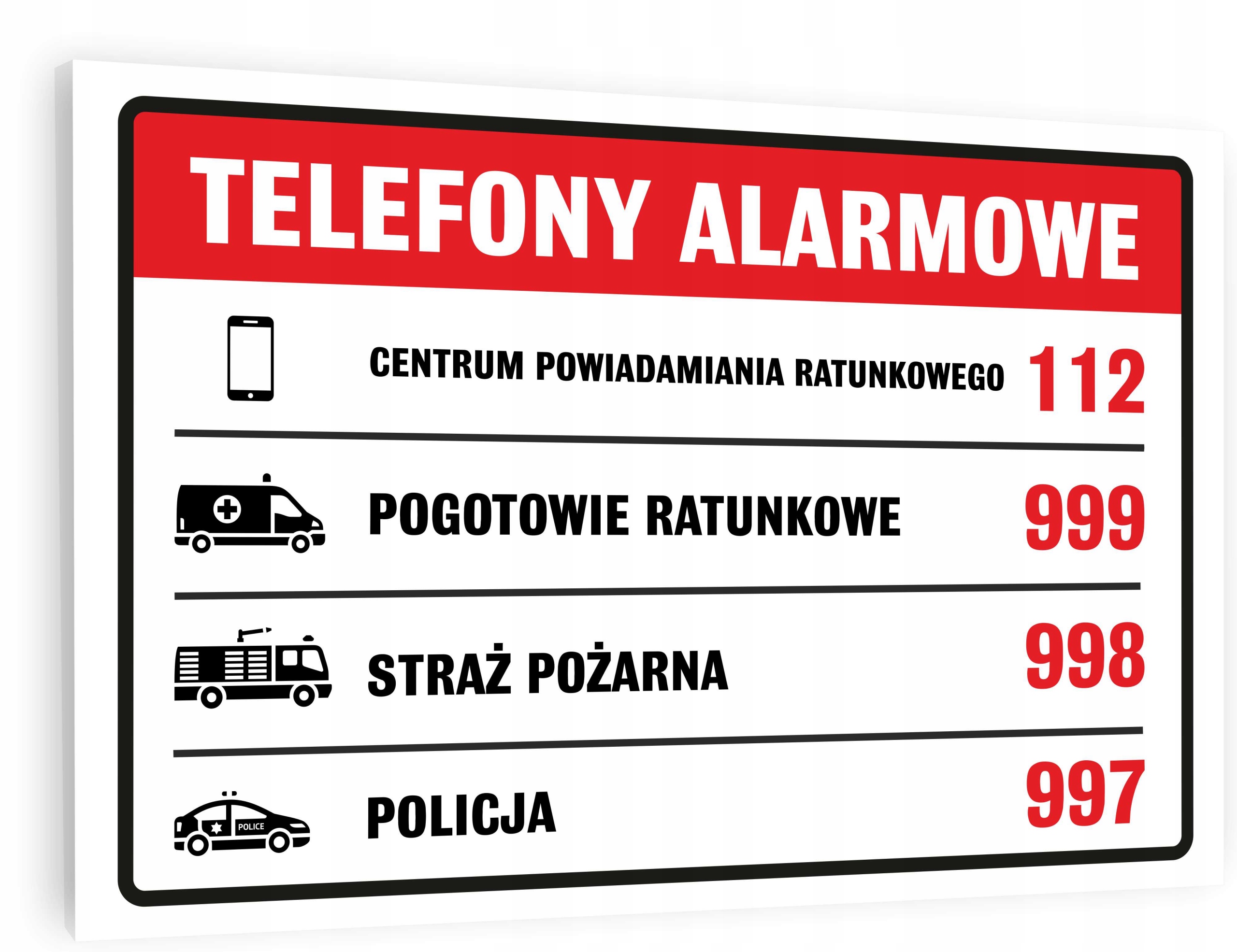 Tabliczka TELEFONY NUMERY ALARMOWE GRUBA cm UV • Cena, Opinie - Allegro