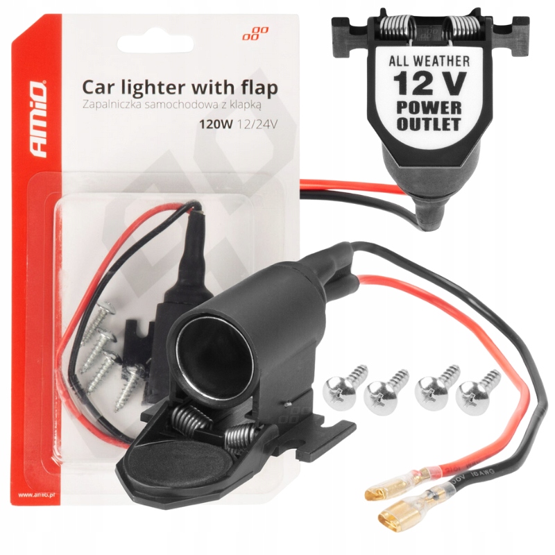 Gniazdo zapalniczki samochodowej z klapką 12V 24V AMIO-04128 5903293041284 za 27.99PLN z ...