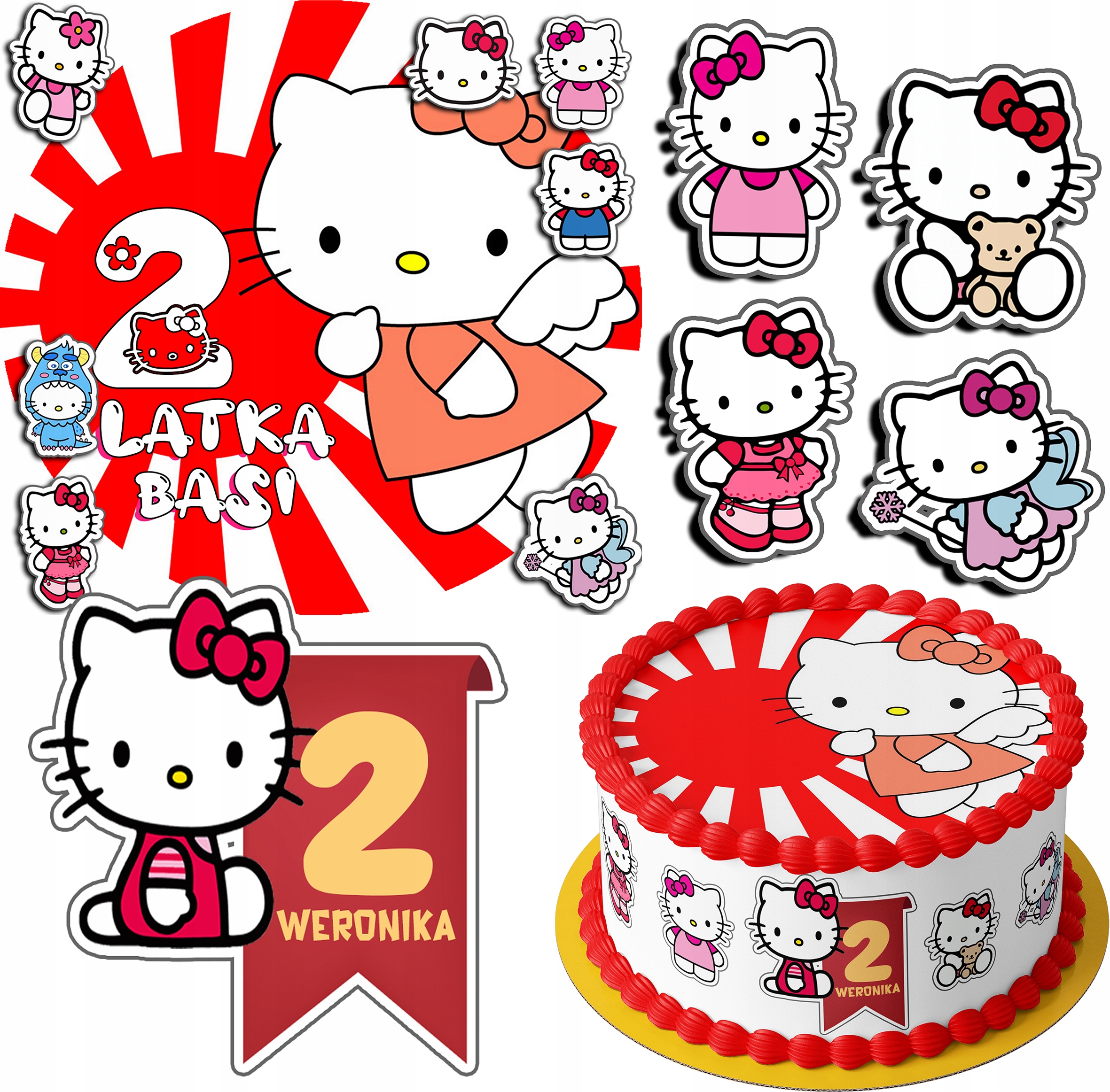 ZESTAW OPŁATEK NA TORT 20CM + 17 POSTACI - HELLO KITTTTY + IMIĘ 15CM ...