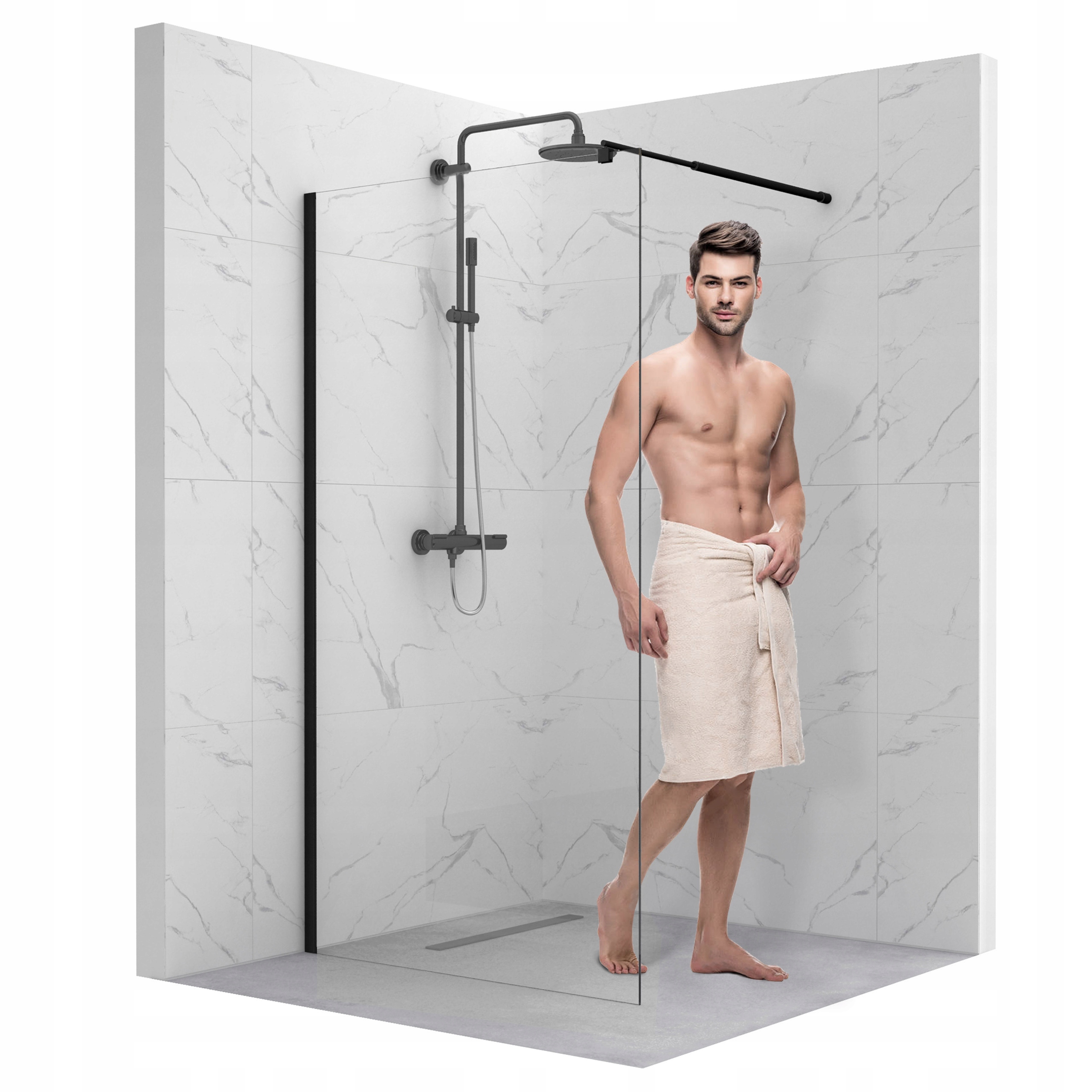 SZYBA PRYSZNICOWA CZARNA WALK-IN 90CM SZKŁO 8MM (SZYBA PRYSZNICOWA WALK ...