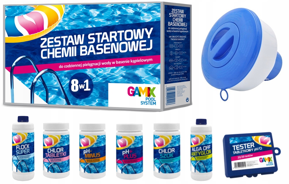 Zestaw chemii do basenu Gamix 8w1 chlor, pH-, Flock, Alga Off ...