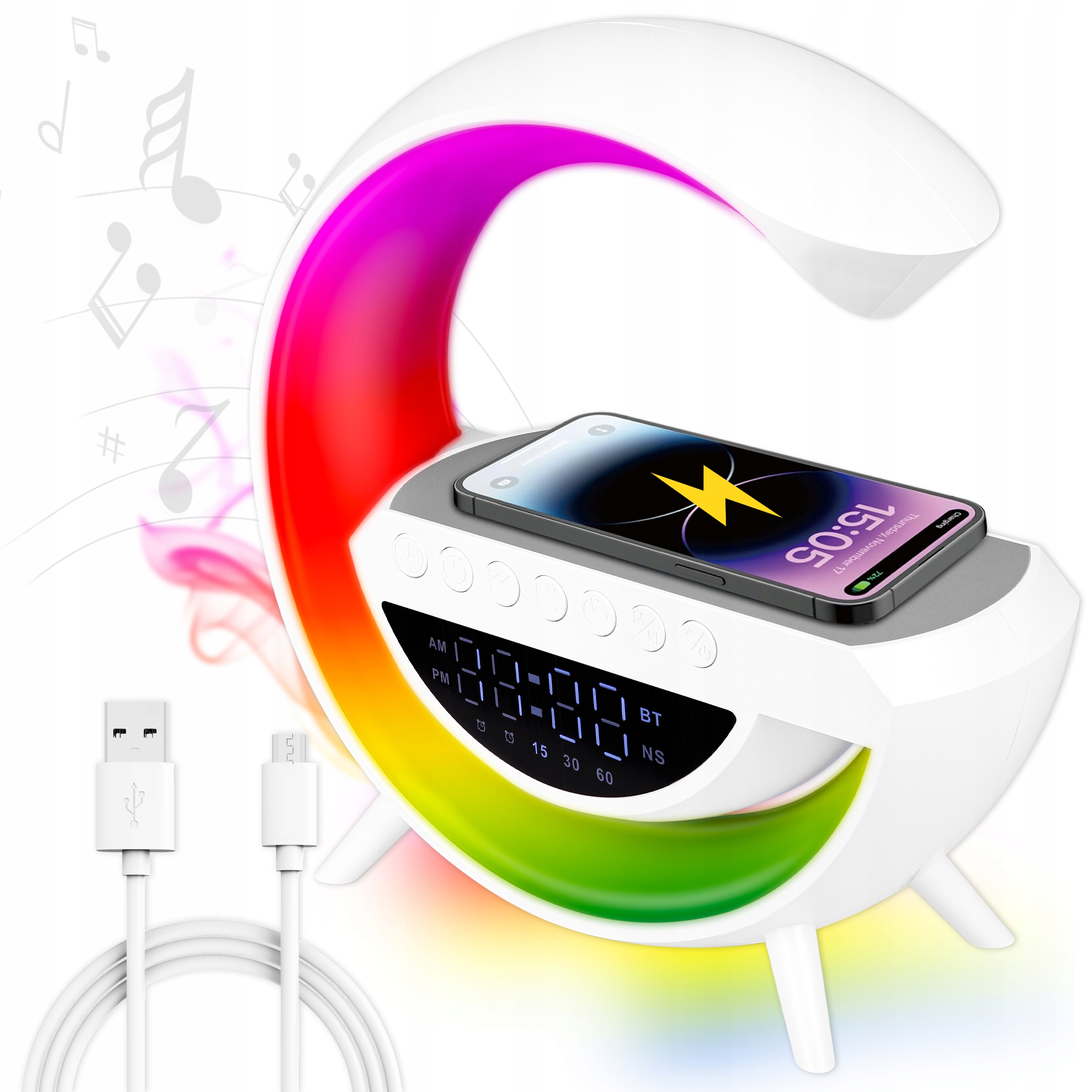 Lampa biurkowa G LED RGB 5W QI Głośnik ŁADOWARKA ZEGAR RADIO ...