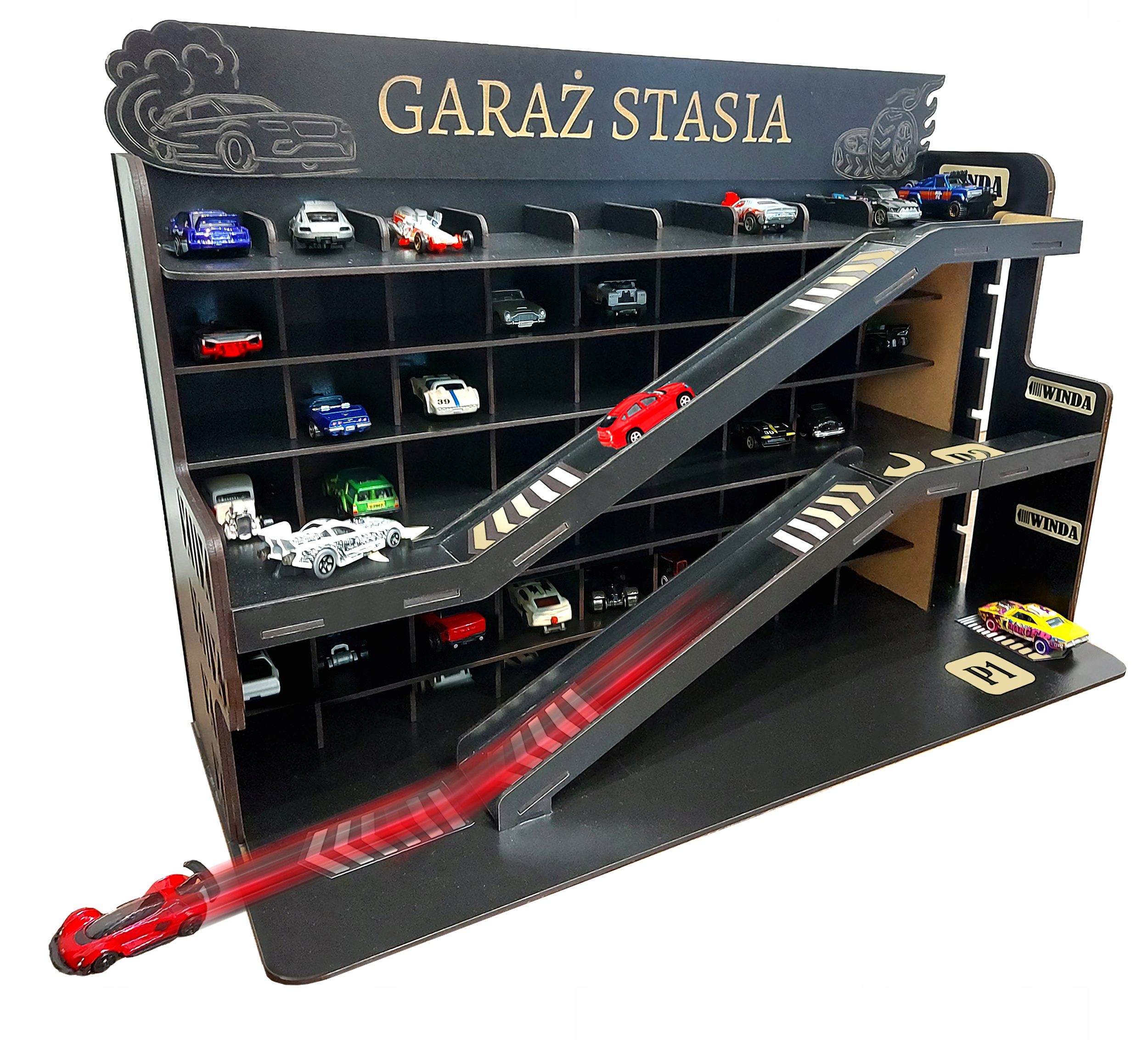 Garaż na Samochodziki Autka Resoraki Wheels Parking Winda Z IMIENIEM • Opinie - Allegro