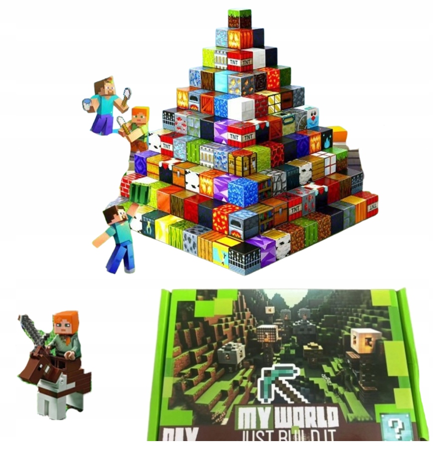 KLOCKI MAGNETYCZNE MINECRAFT KLOCKI SZEŚCIANY 100 KLOCKÓW + 8 FIGURKA ...