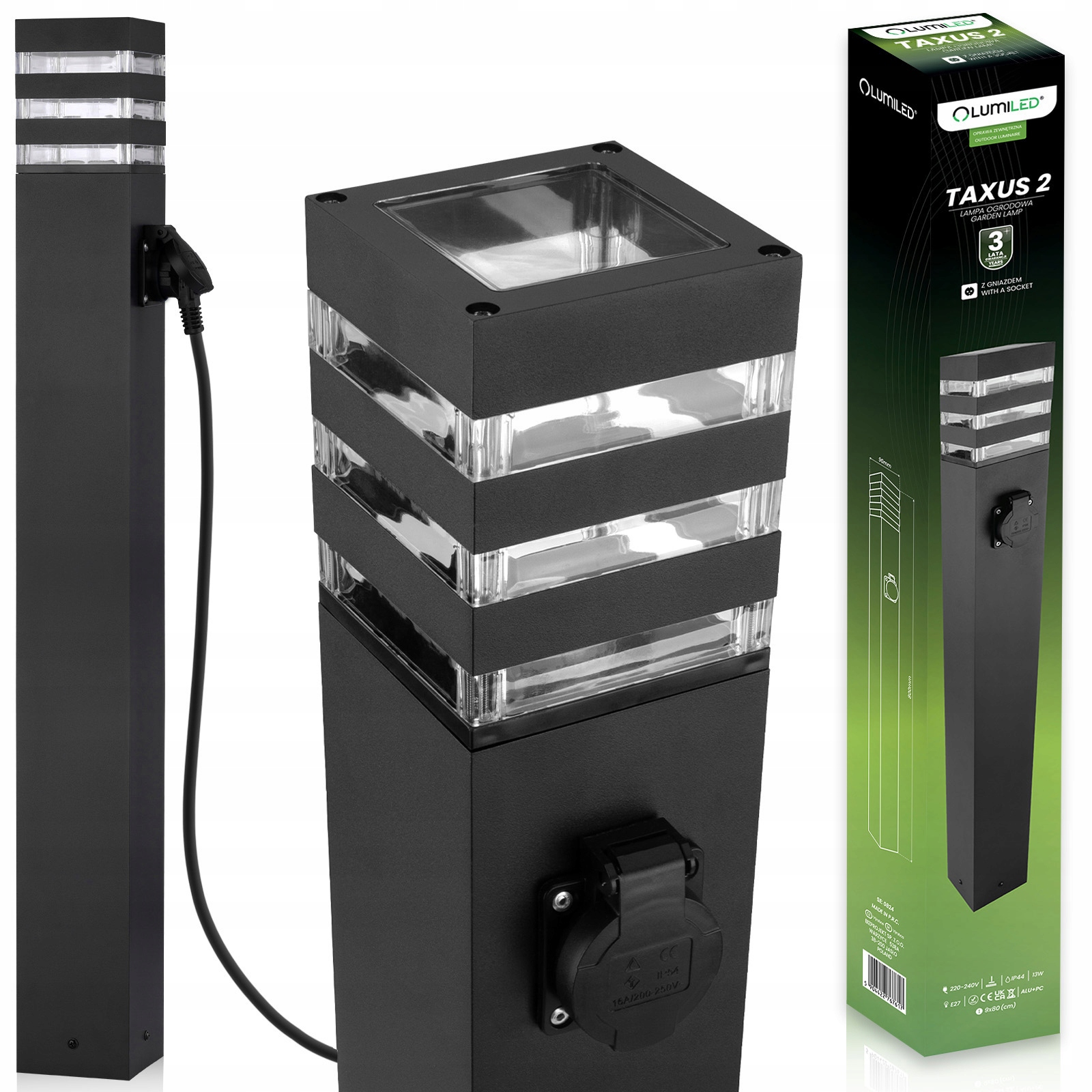 Lampa Ogrodowa E27 LED Stojąca ZEWNĘTRZNA SŁUPEK 80cm z GNIAZDEM 230V ...