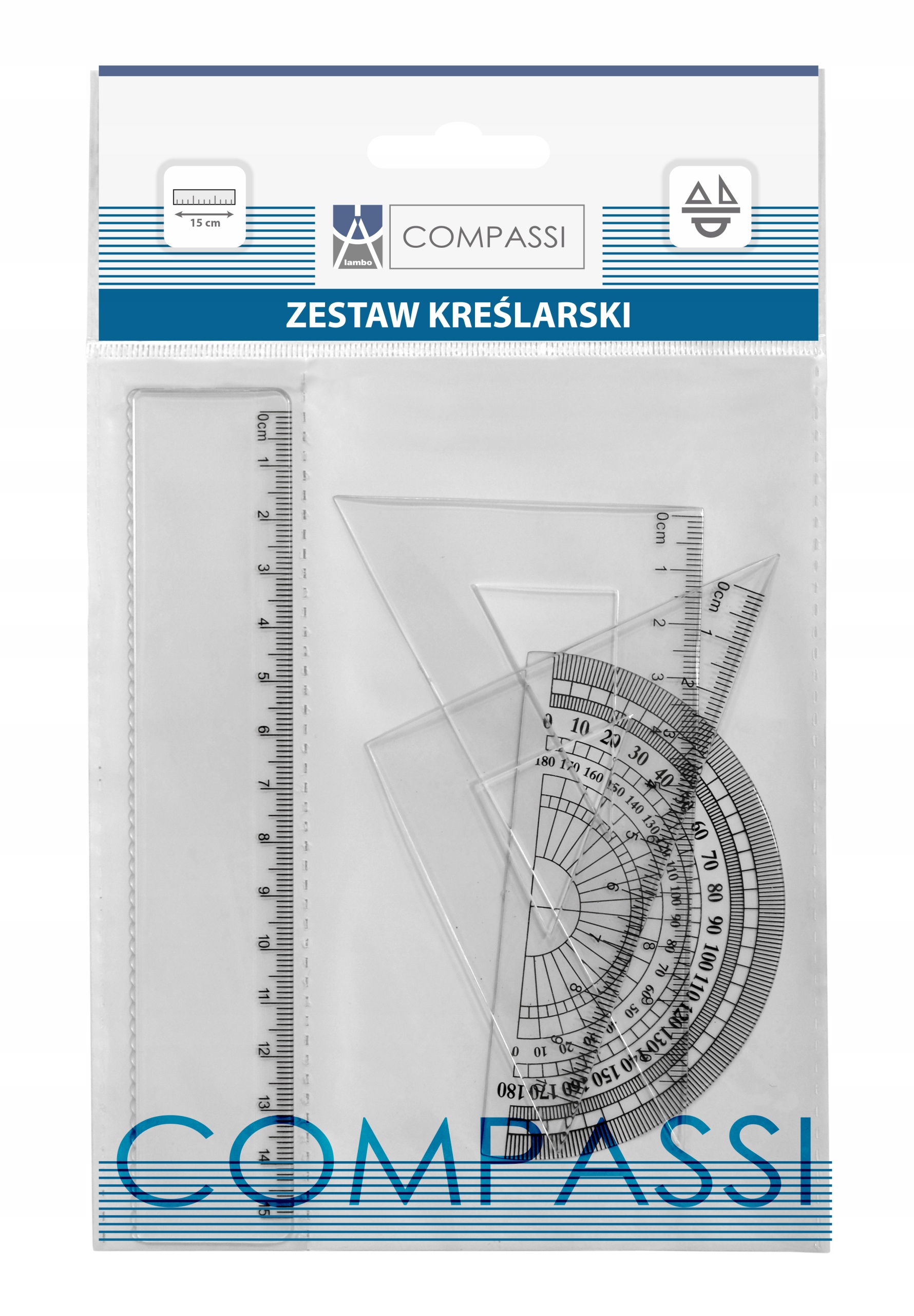 COMPASSI Zestaw geometryczny linijka 15 cm ekierka kątomierz 4 elem ...