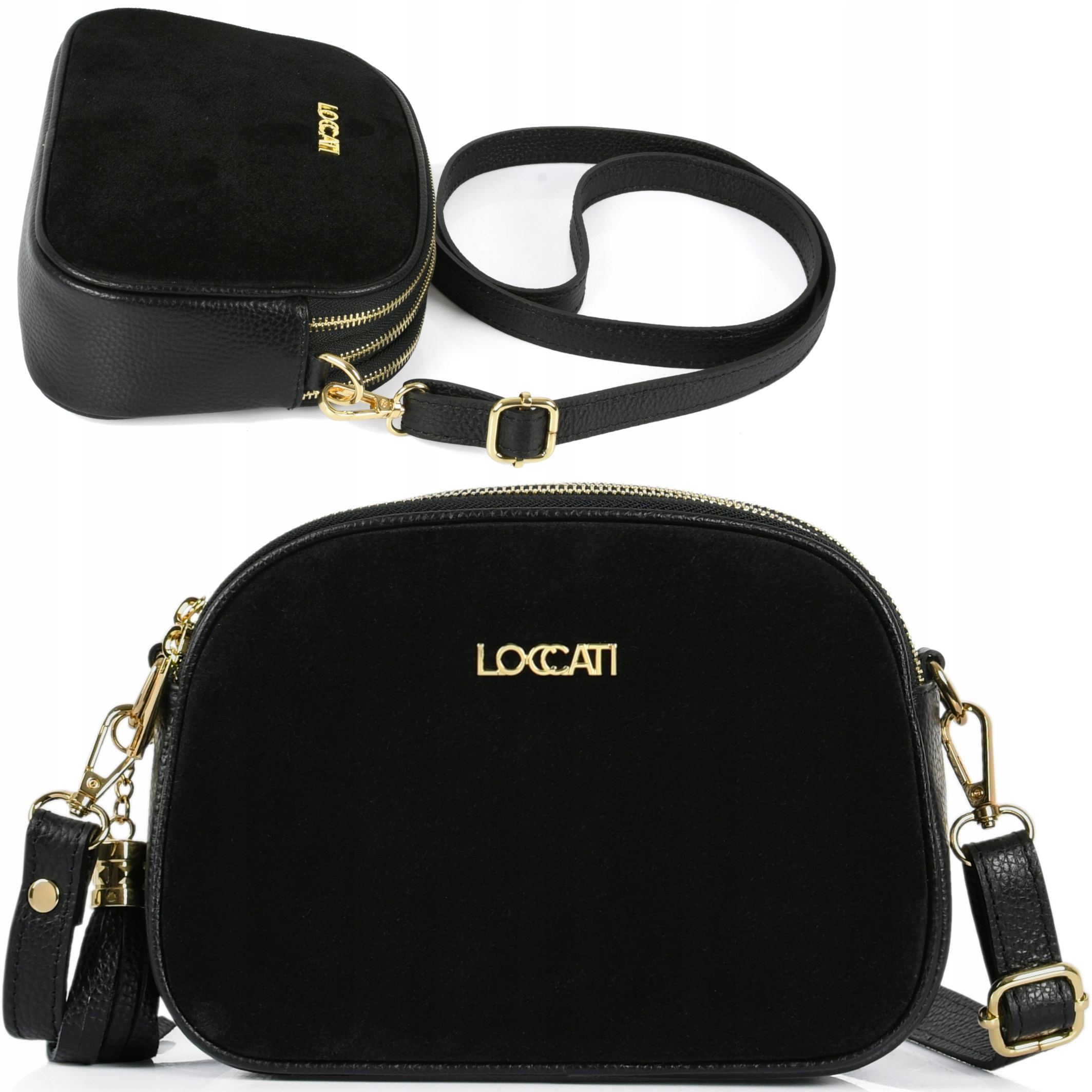 Mała torebka damska przez ramię czarna skórzana z zamszowym przodem ...