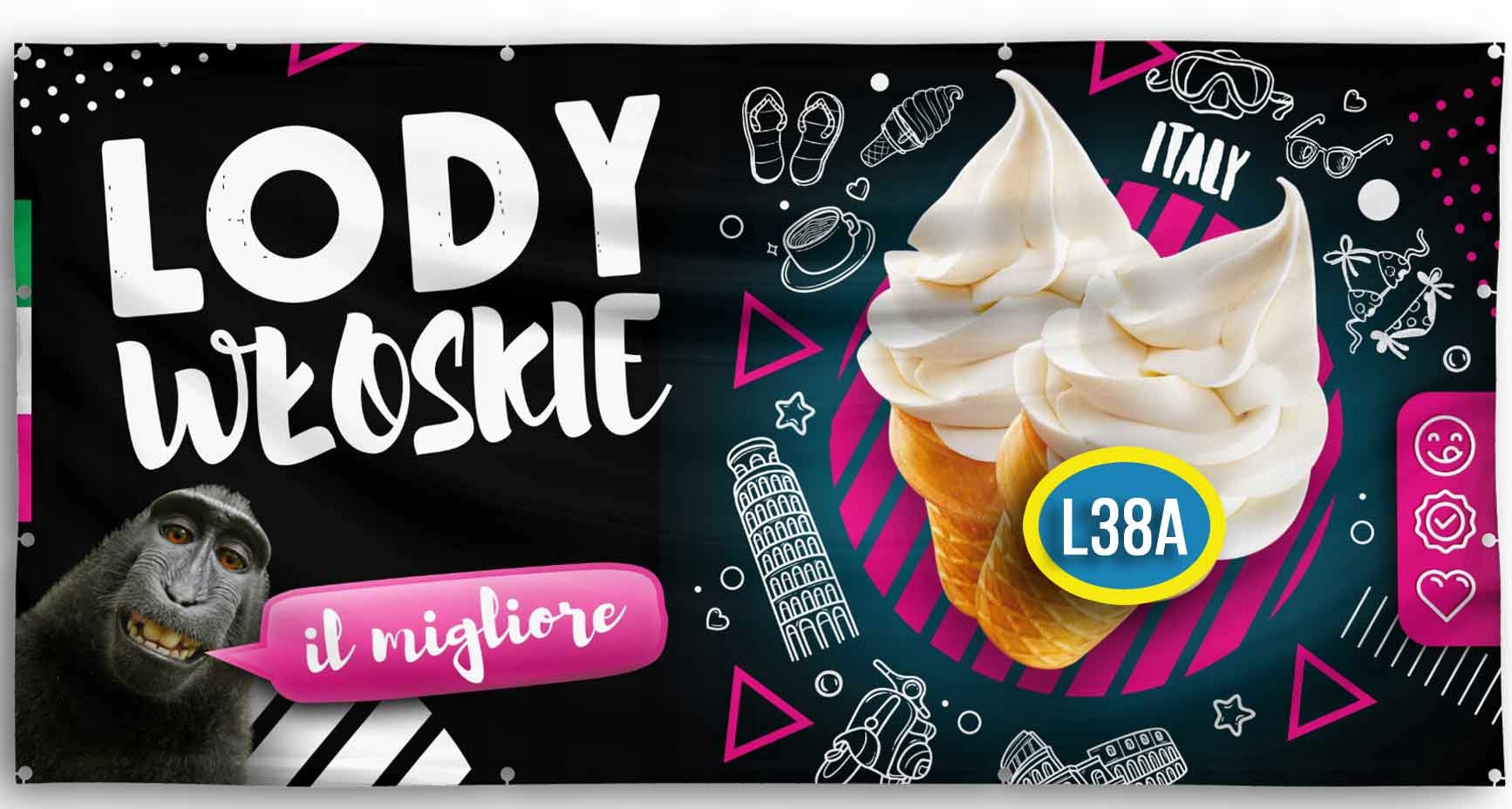 Baner Reklamowy 2mx1m Lody Gałkowe Kręcone Włoskie • Cena, Opinie • Banery 14126109100 • Allegro