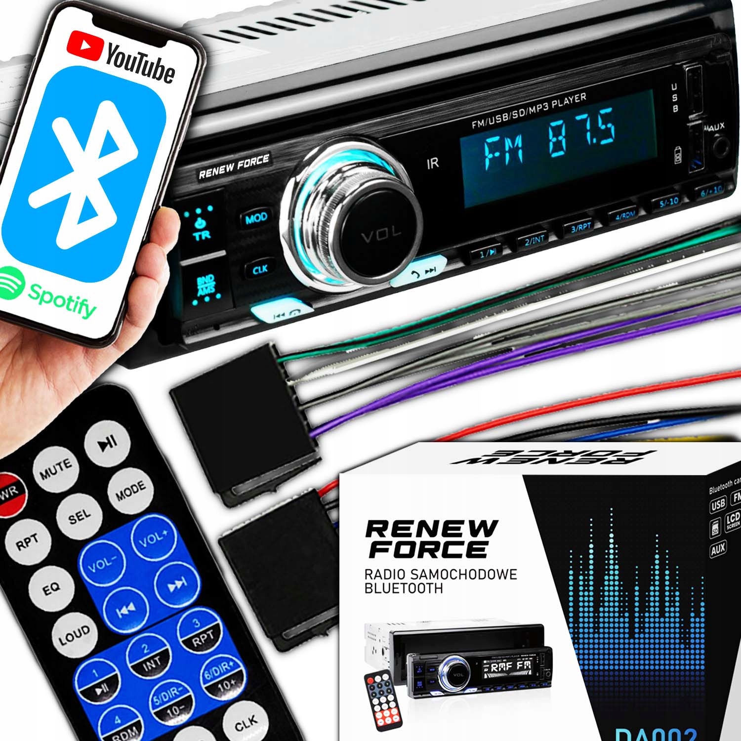 Radio Samochodowe 1-DIN RDS Bluetooth USB AUX Pilot ODŁĄCZANY PANEL ...