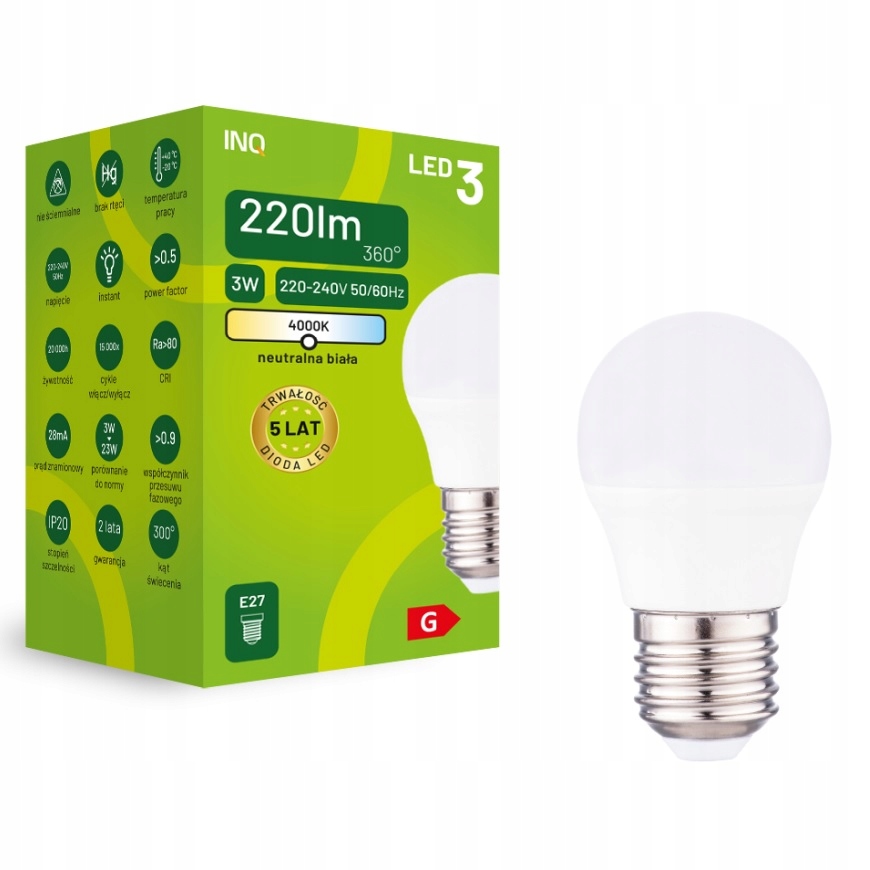 INQ E27 LED 3W (23W) 220lm G45 mała kulka 4000K • Cena, Opinie - Allegro
