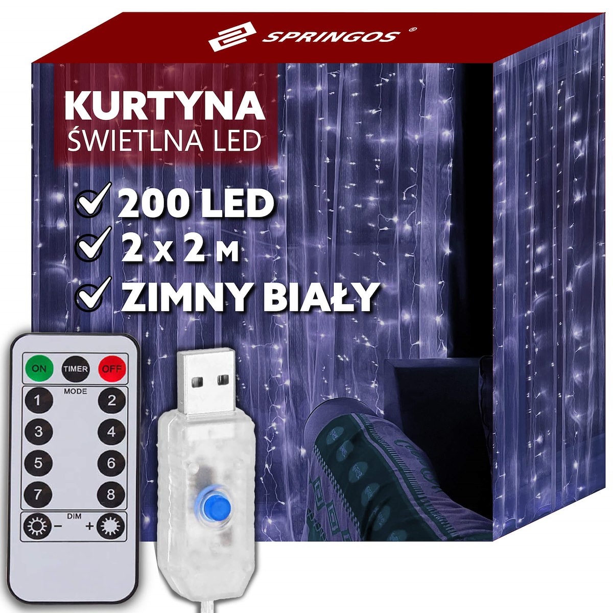 LAMPKI KURTYNA 200 LED+PILOT 2x2m ŚWIATEŁKA GIRLANDA SOPLE BIAŁE na ...