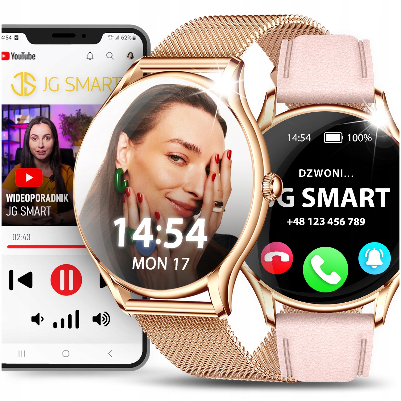 SMARTWATCH DAMSKI ZEGAREK PL MENU POWIADOMIENIA ROZMOWY SMART WATCH 4 PASKI - Sklep, Opinie ...