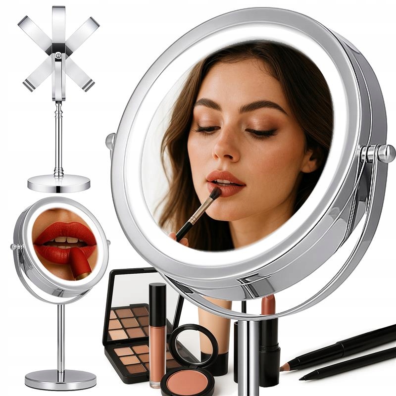 LUSTERKO KOSMETYCZNE DWUSTRONNE 13 cm PODŚWIETLANE LED LUSTRO STOJĄCE ...