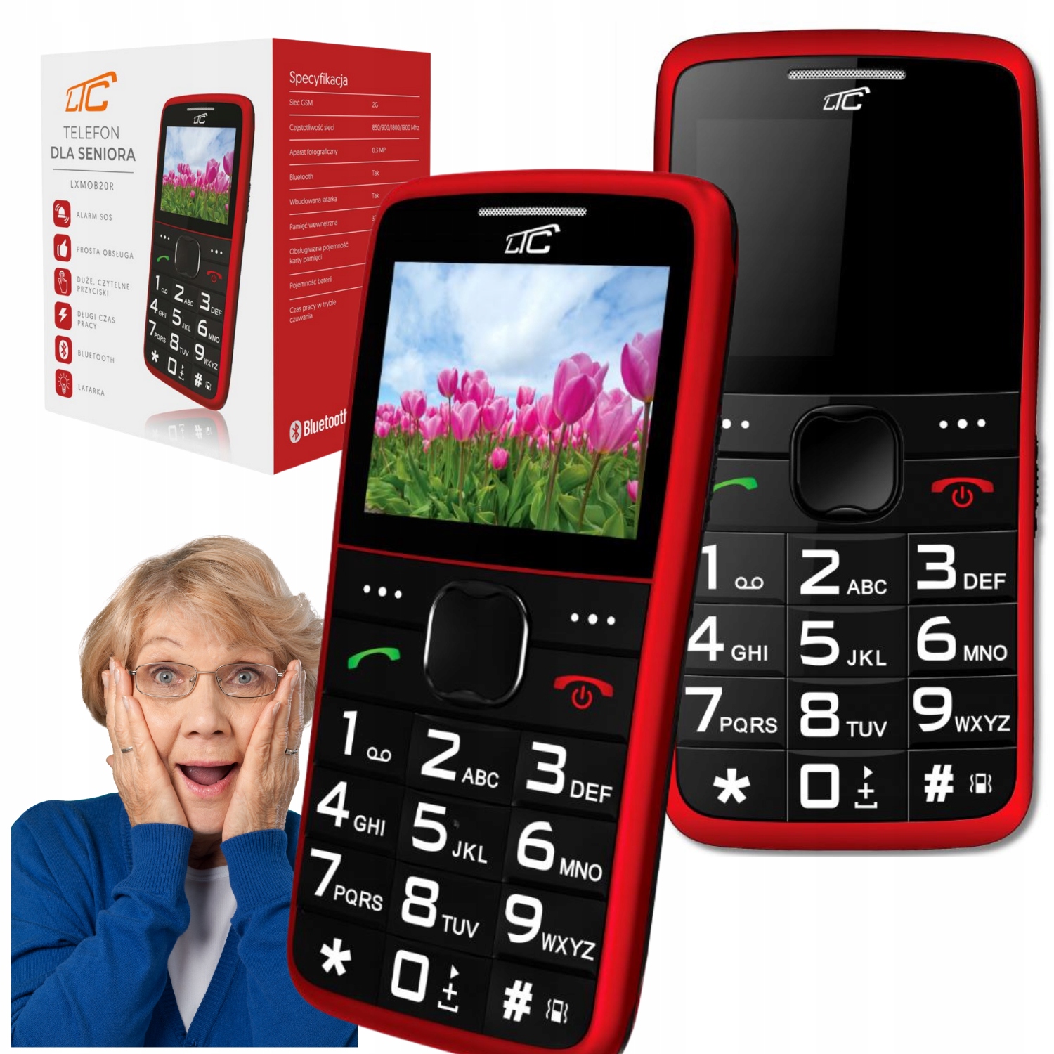 Telefon komórkowy dla seniora LTC MOB20 2G Czerwony GŁOŚNY DUŻE PRZYCISKI - Sklep, Opinie, Cena ...