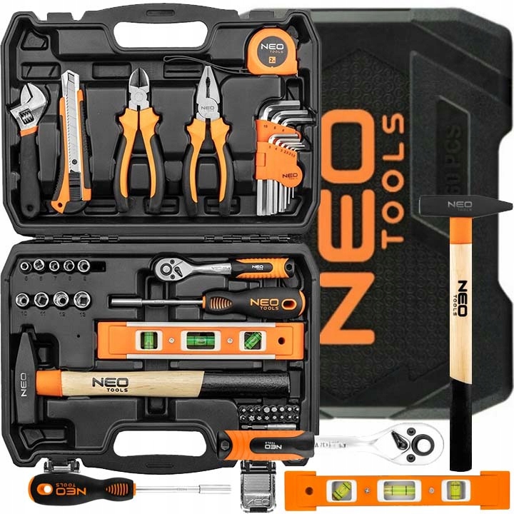 NEO TOOLS ZESTAW NARZĘDZI 60 ELEMENTÓW MŁOTEK MIARA NÓZ SZCZYPCE I INNE ...