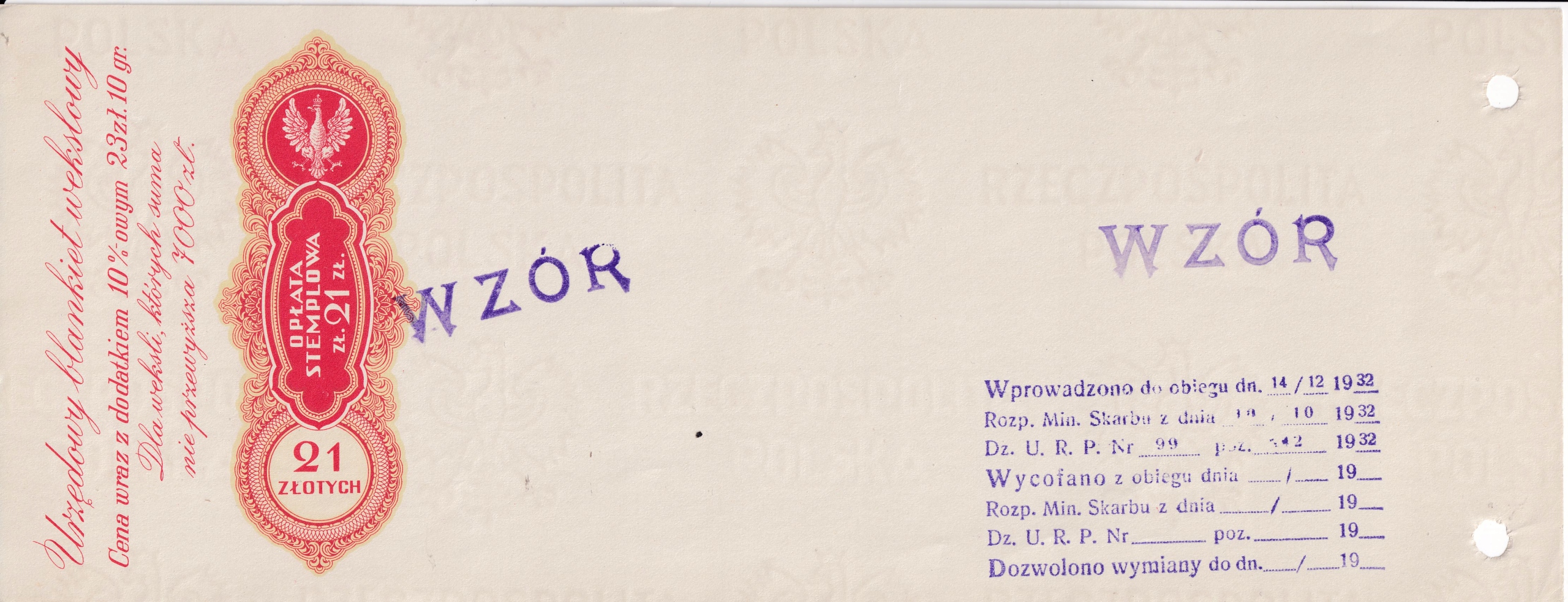Weksel przedwojenny WZÓR, wprowadzono w 1932 roku, RRR , 21 złotych ...