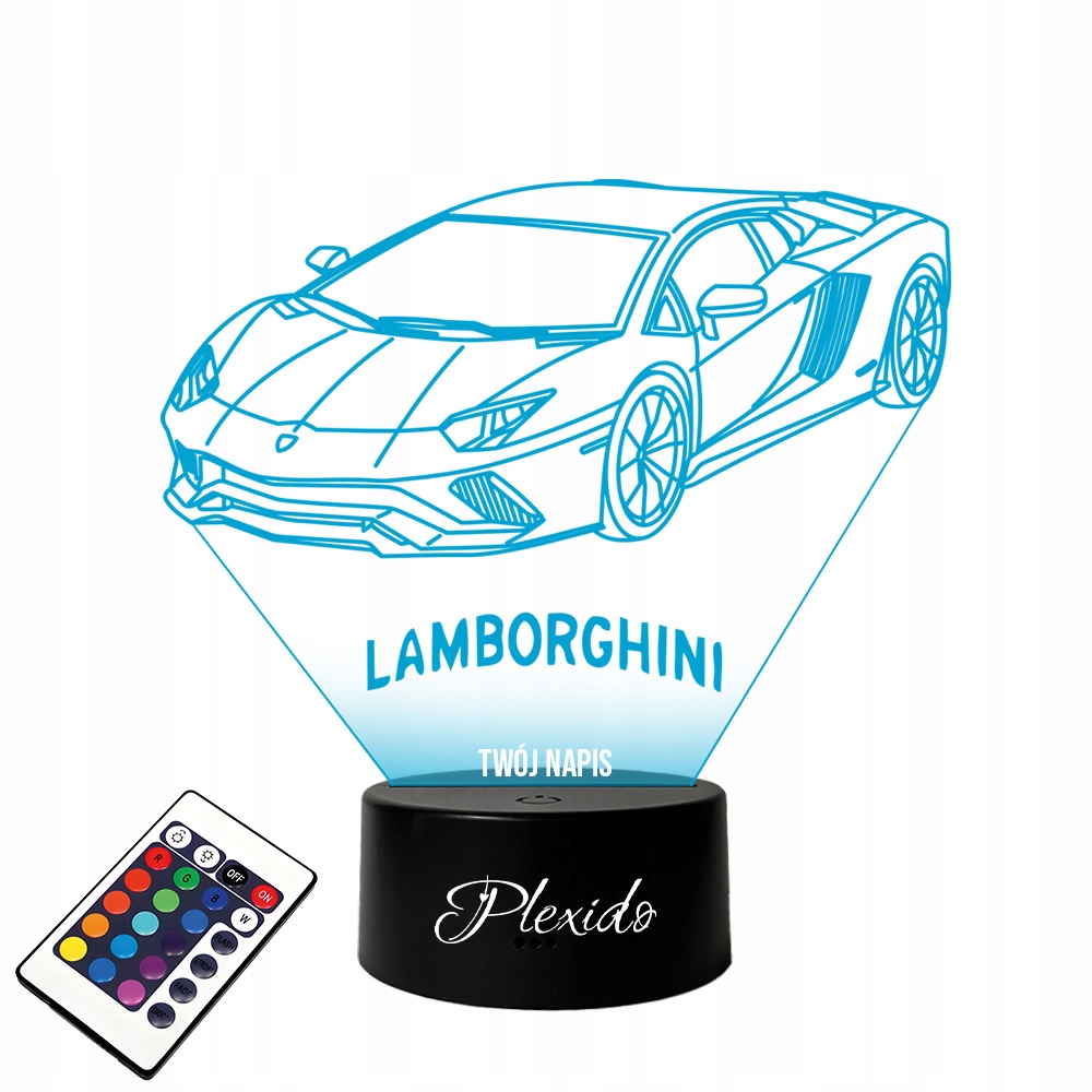 LAMPKA na SZKLE Lamborghini 3D LED RGB + PILOT 16 KOLORÓW ...