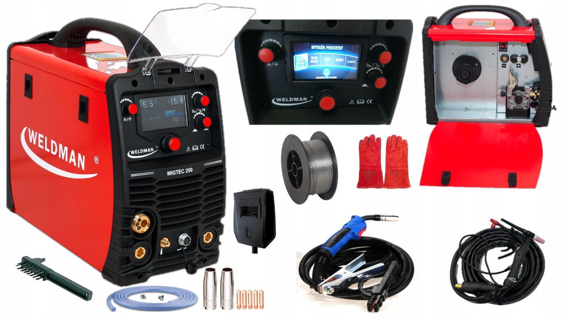 Spawarka Migomat MIG MAG MMA TIG WELDMAN MIGTEC MIG 200 LCD Synergy flux (Półautomat Inwertorowa ...