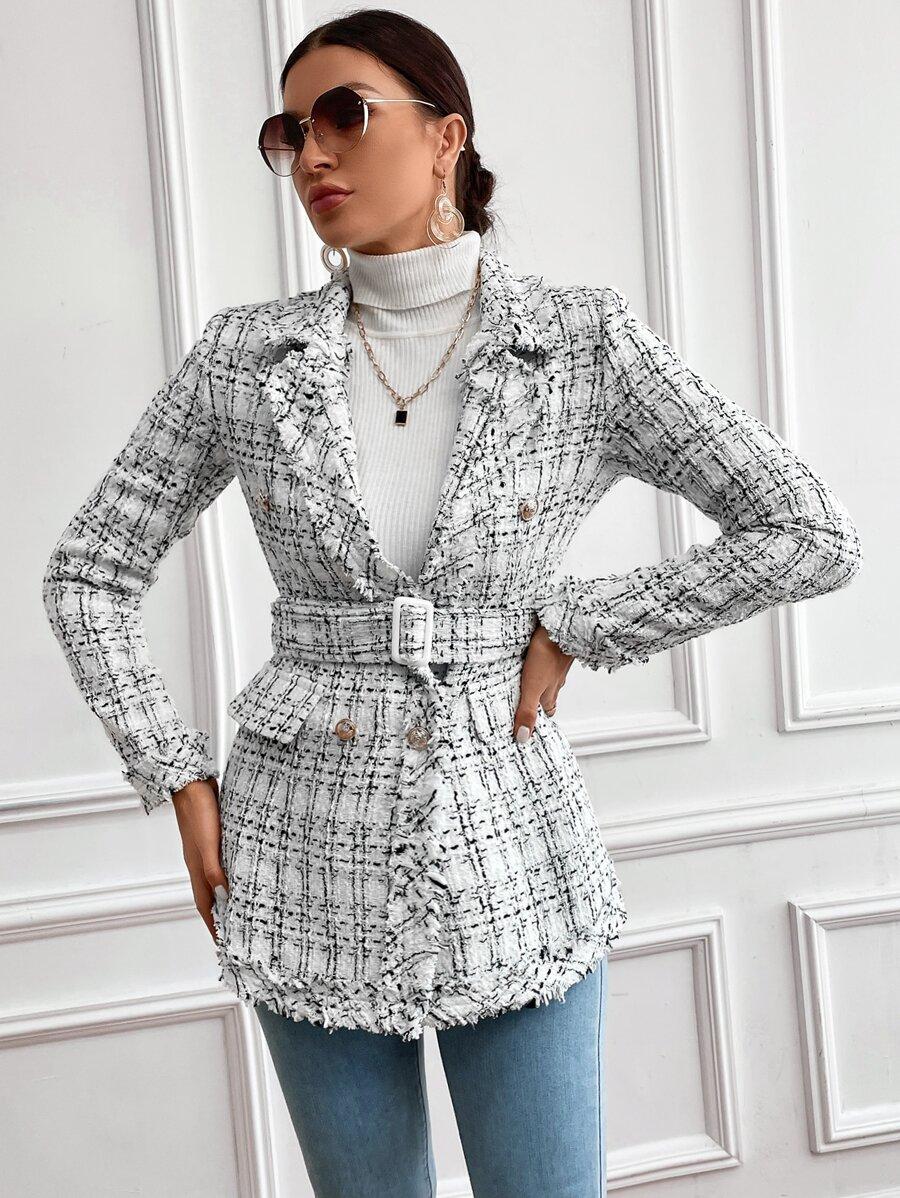 D1D008 BIALO CZARNA MARYNARKA W KRATKE Z PASKIEM SHEIN XS • Cena, Opinie • Marynarki i żakiety ...