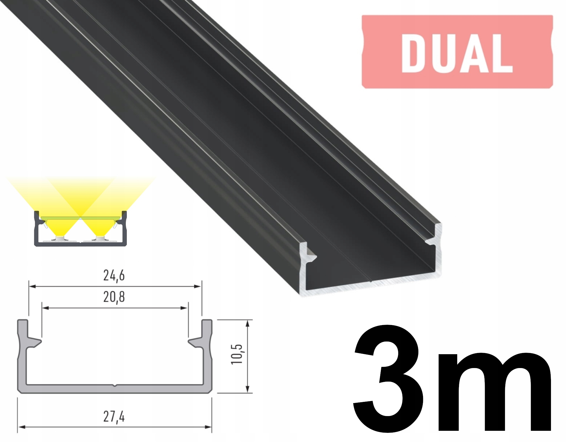 PROFIL LED DUAL 3m SZEROKI NA 2 TAŚMY LED DUAL CZARNY 3M (5907775759995 ...