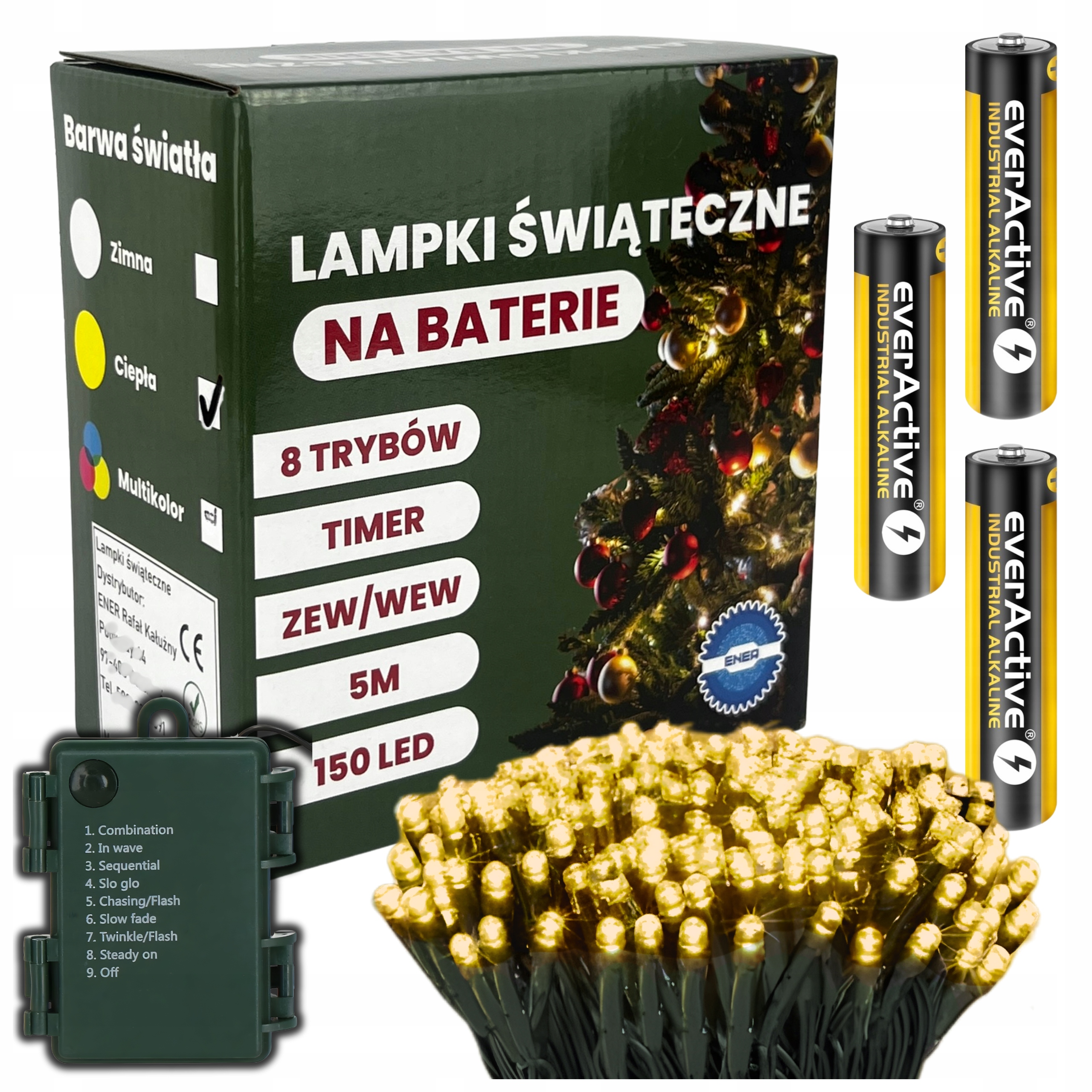 Lampki zewnętrzne NA BATERIE 150 LED BIAŁE CIEPŁE girlanda 5m IP44 ...