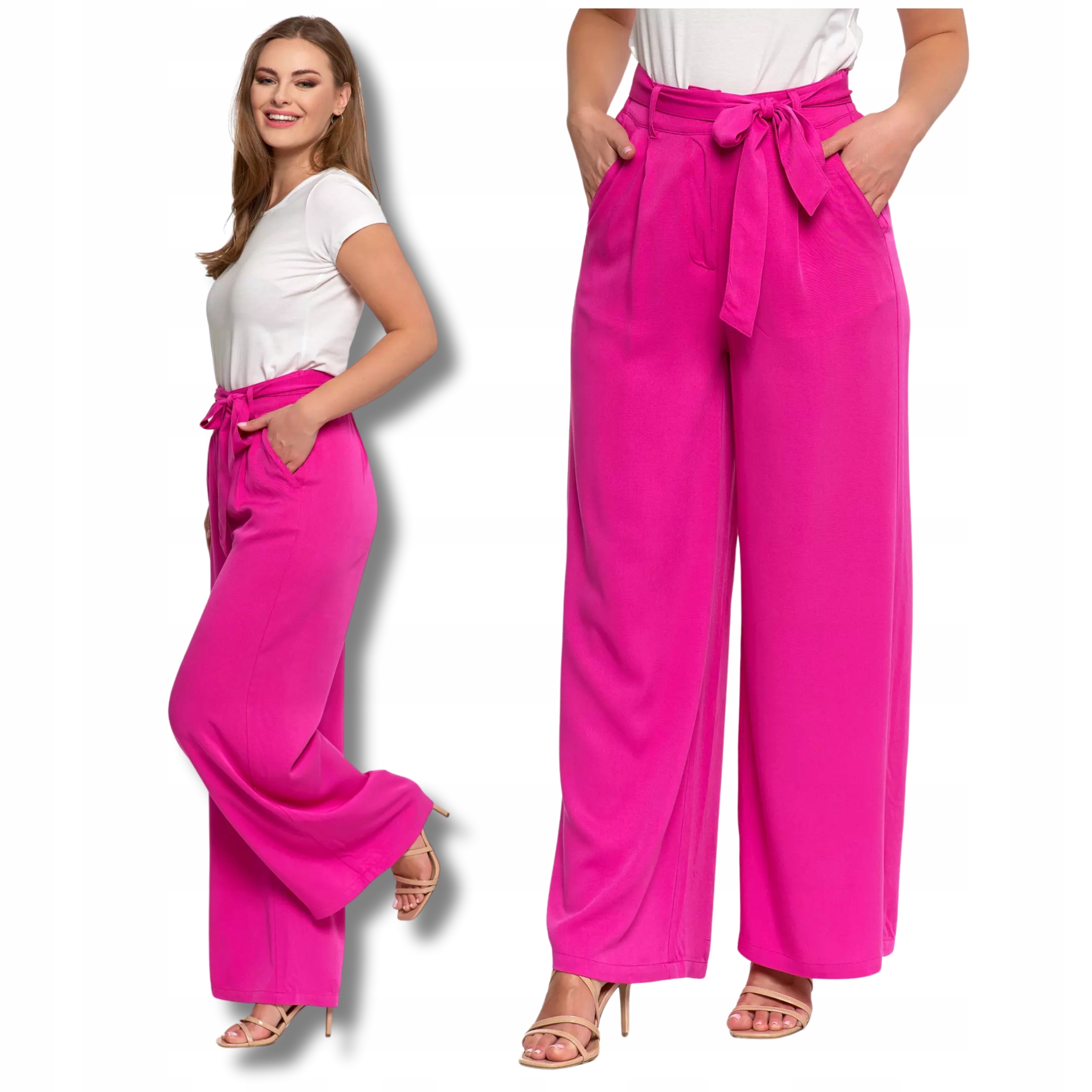 SZEROKIE SPODNIE DAMSKIE Eleganckie Gładkie Wysoki Stan Modne MORAJ XL ...