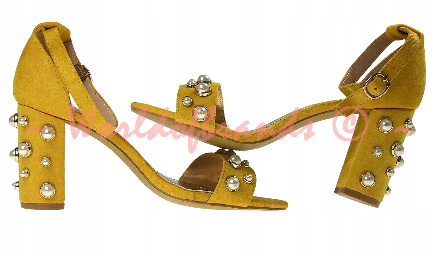 MILAYA Ekskluzywne PERŁOWE sandały czółenka żółte szpilki na słupku 40 ...