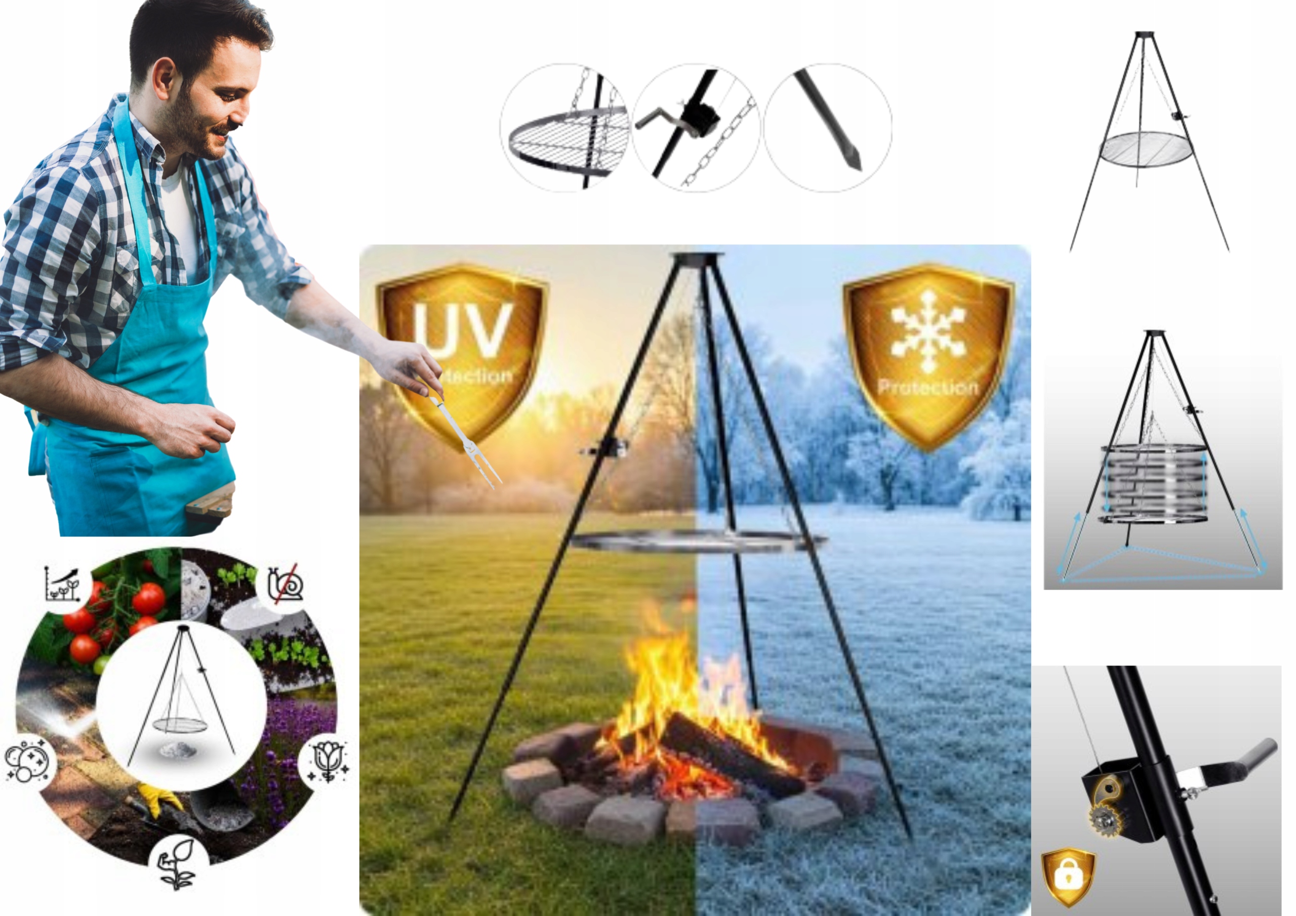 DUŻE PALENISKO OGRODOWE TRÓJNÓG GRILL RUSZT STALOWY NA OGNISKO 80cm ...