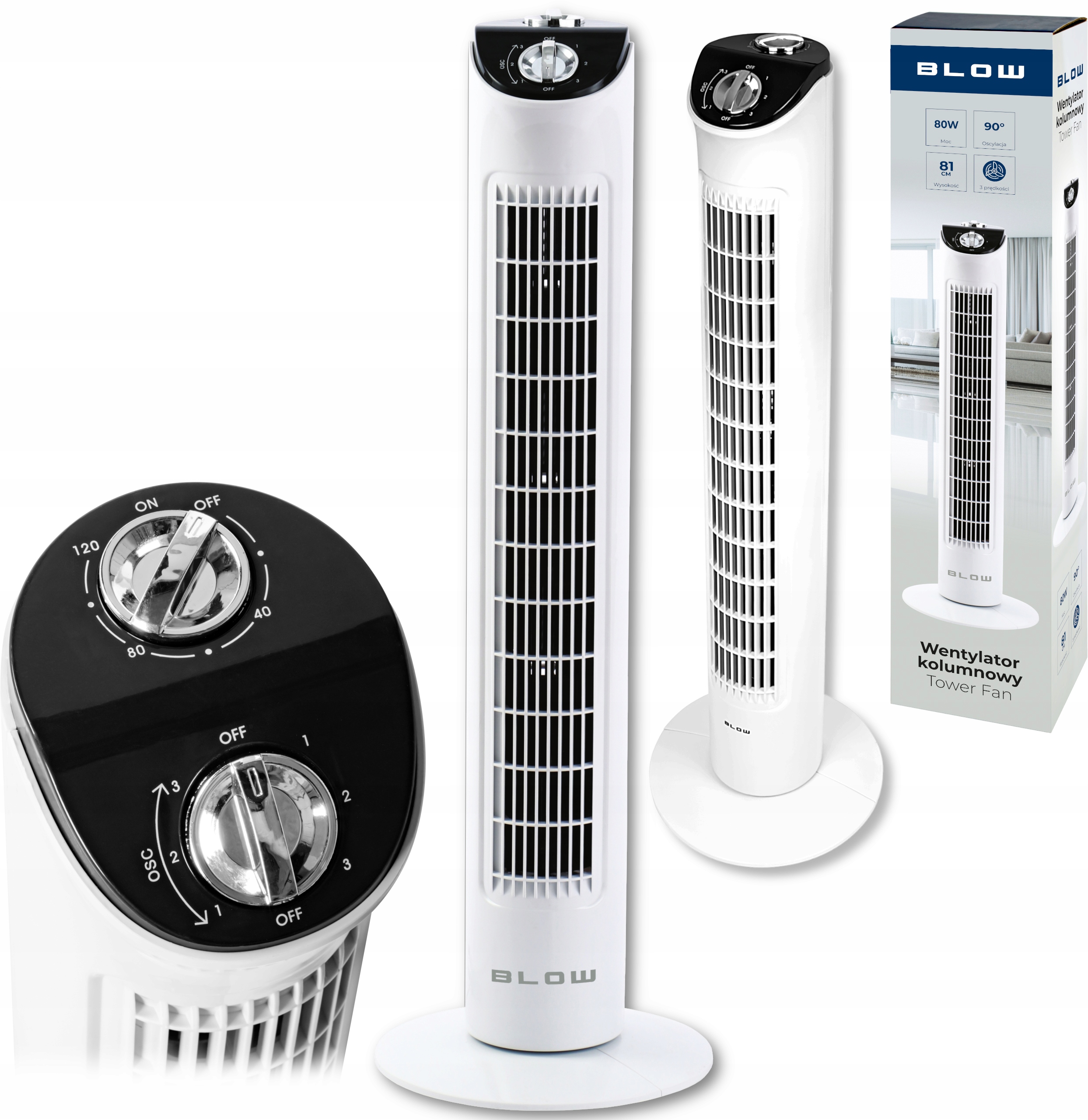 WENTYLATOR WIATRAK KOLUMNOWY PODŁOGOWY REGULACJA TIMER 3 TRYBY ...