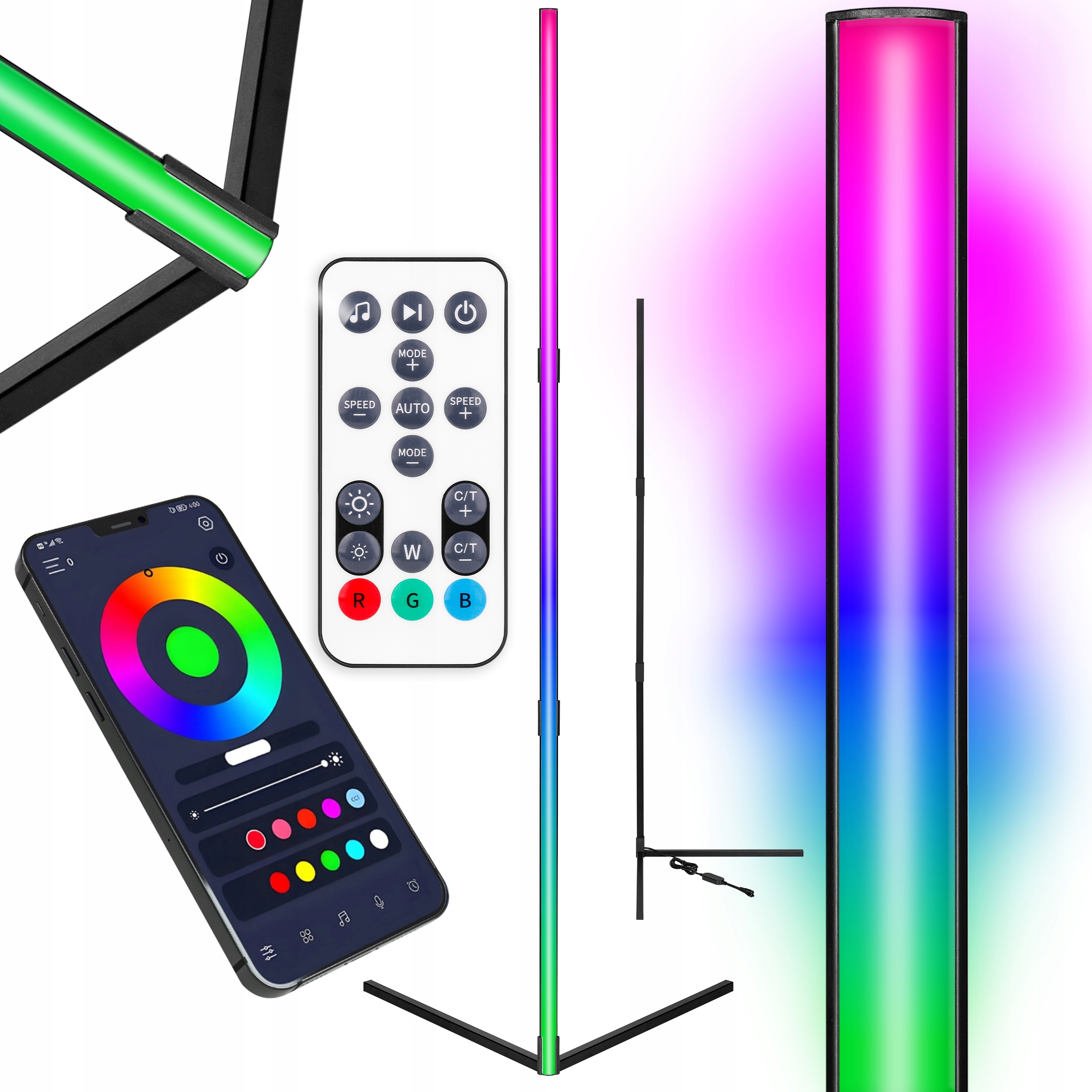LAMPA podłogowa LED narożna APLIKACJA 140CM STOJĄCA RGB CCT + pilot ...