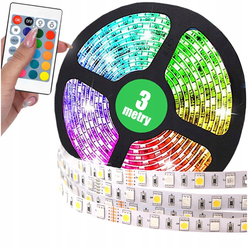 KOLOROWA TAŚMA LED PASEK LED RGB USB 5V 3m MEBLOWA PODŚWIETLENIE TV ...