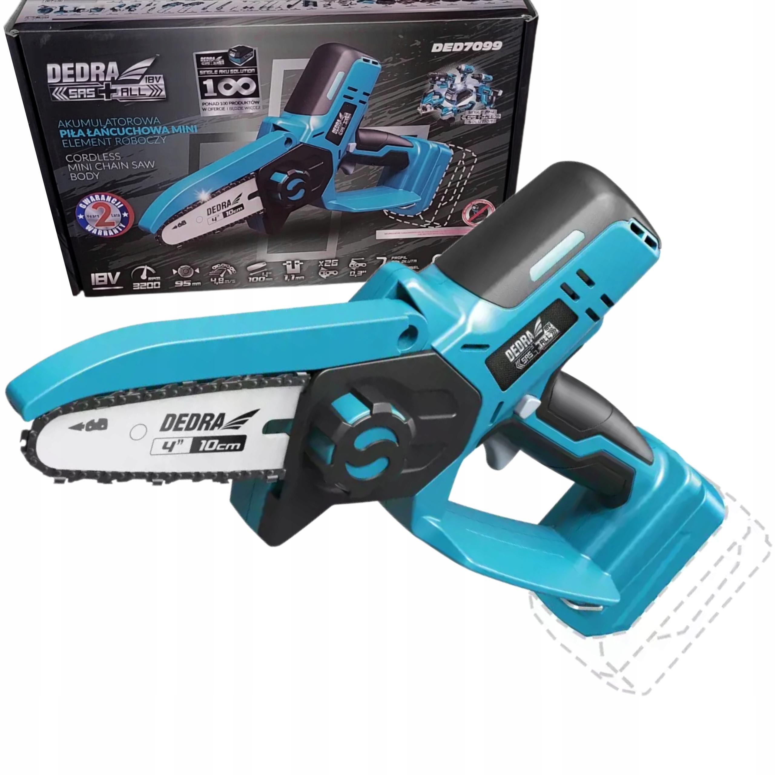 DEDRA MINI PIŁA ŁAŃCUCHOWA PILARKA AKUMULATOROWA 18V 4" SAS+ALL DED7099 ...