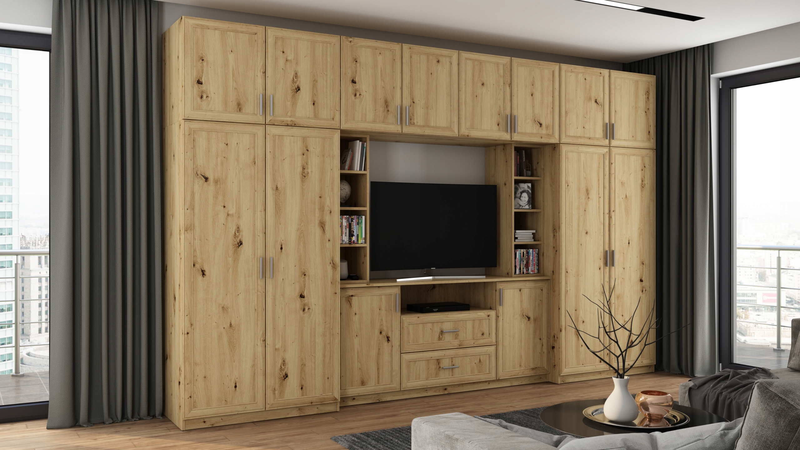 Meblościanka z szafą 380 cm do salonu dąb artisan (DAKO DĄB ARTISAN ...