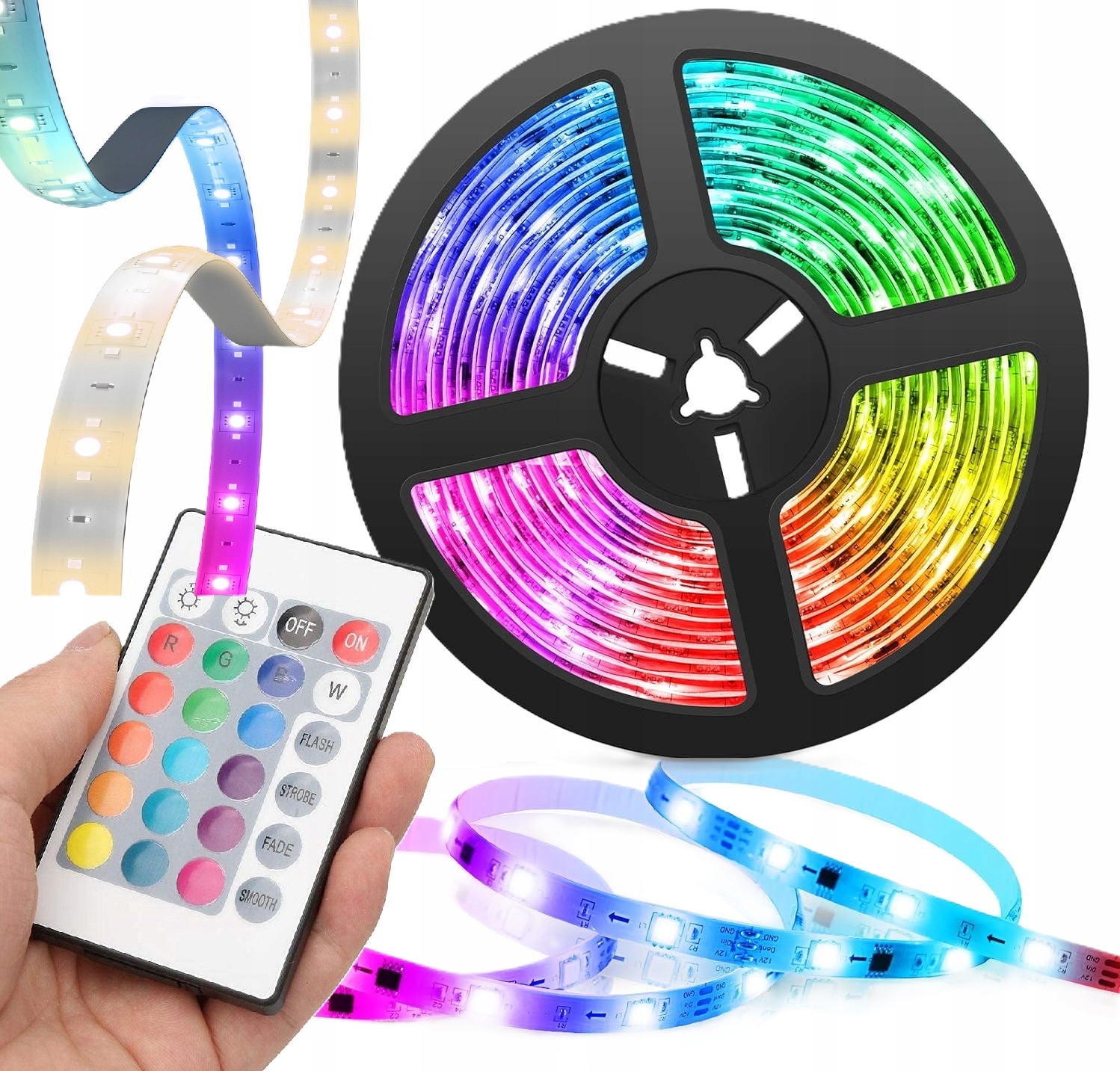 TAŚMA LED RGB KOLOROWA 5M WODOODPORNA PASEK PILOT LEDY LAMPKI Z PILOTEM ...