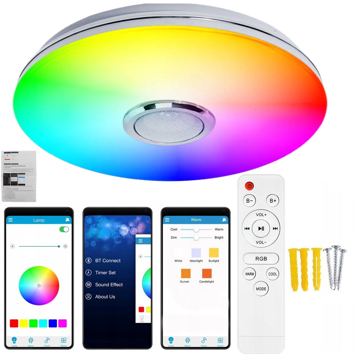 Plafon LED Lampa Sufitowa Aplikacja BLUETOOTH GŁOŚNIK RGB Kolorowy 40W ...